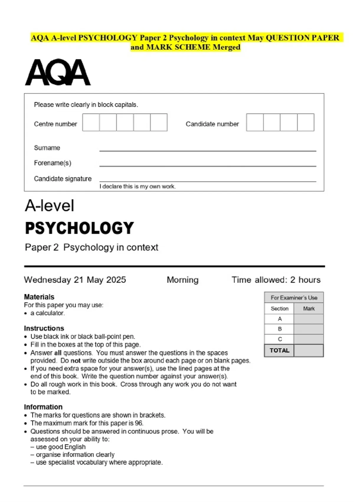 AQA A-level PSYCHOLOGY Paper 2 Psychology in context May QUESTION PAPER ...