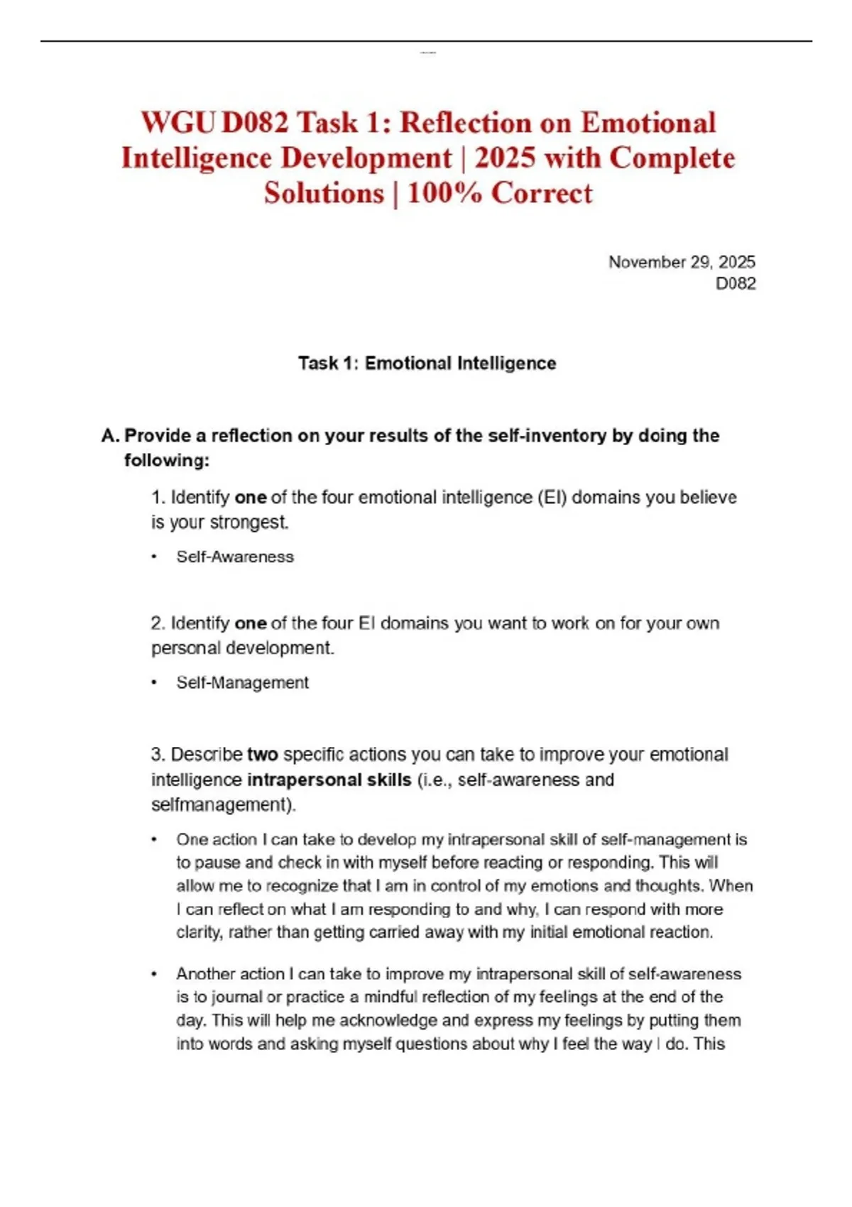 WGU D082 Task 1: Reflection on Emotional Intelligence Development ...