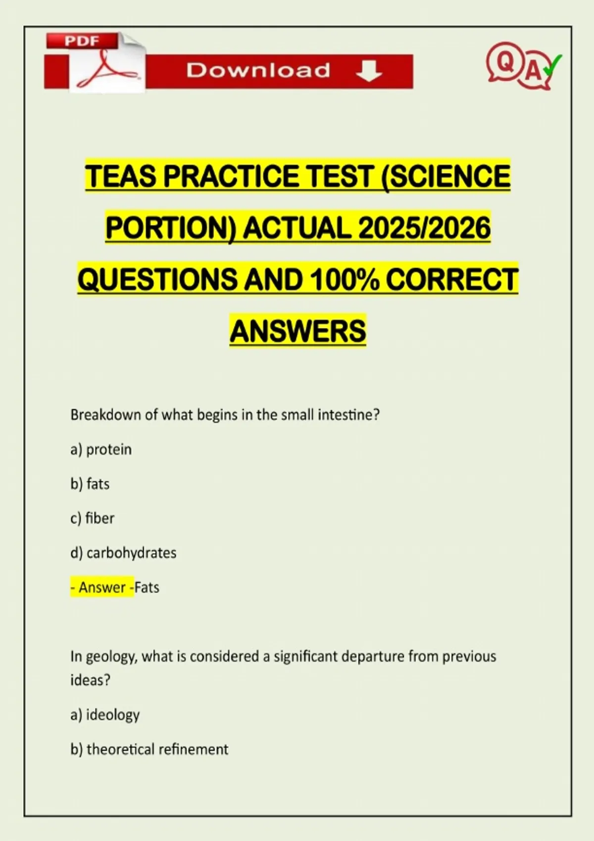 TEAS PRACTICE TEST (SCIENCE PORTION) ACTUAL 2026 QUESTIONS AND 100% ...