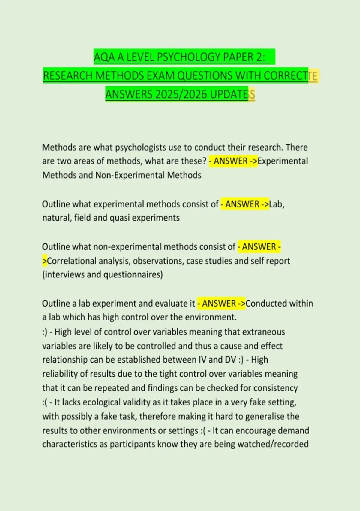 AQA A LEVEL PSYCHOLOGY PAPER 2: RESEARCH METHODS EXAM QUESTIONS WITH ...