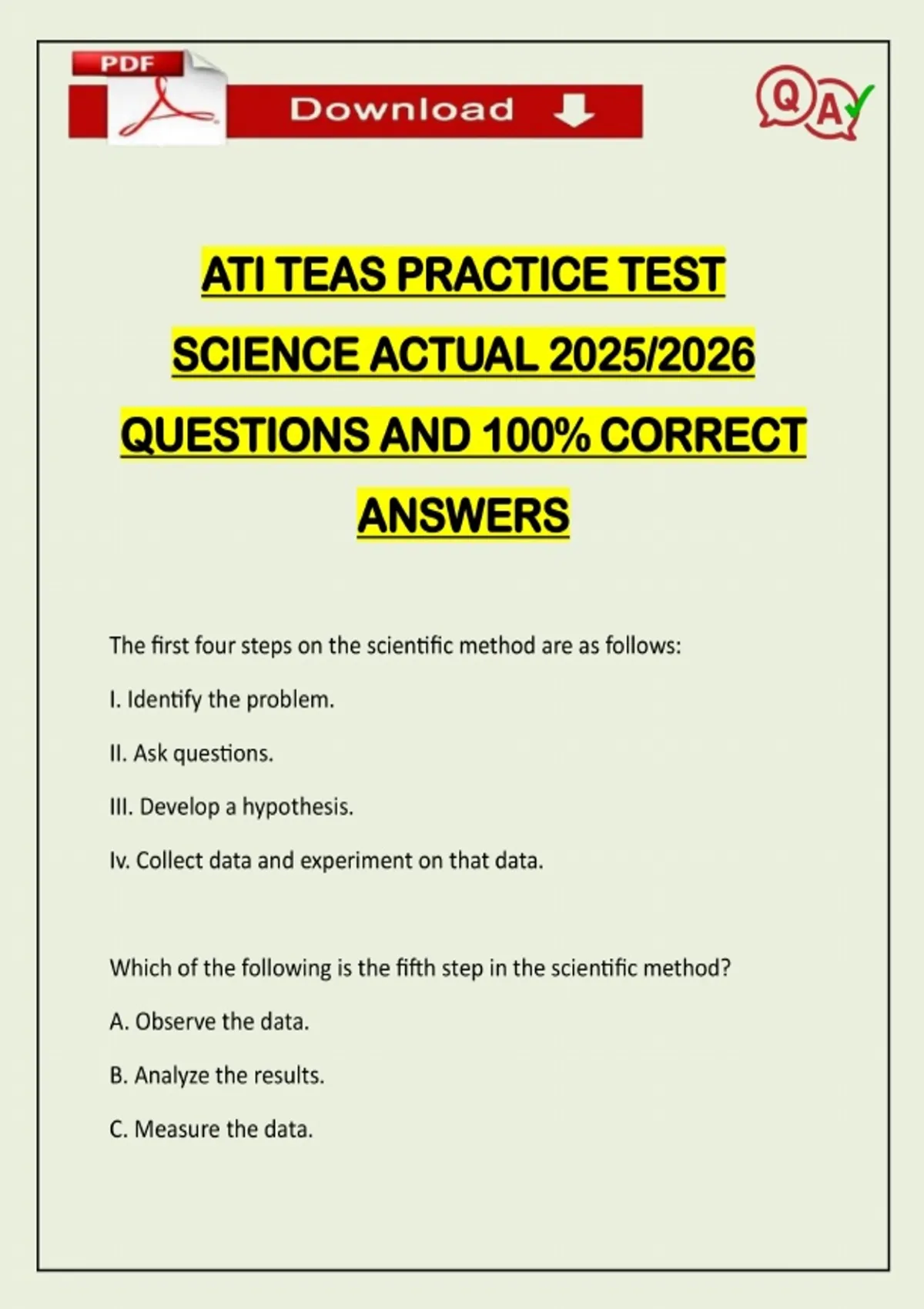 ATI TEAS PRACTICE TEST SCIENCE ACTUAL 2026 QUESTIONS AND 100% CORRECT ...