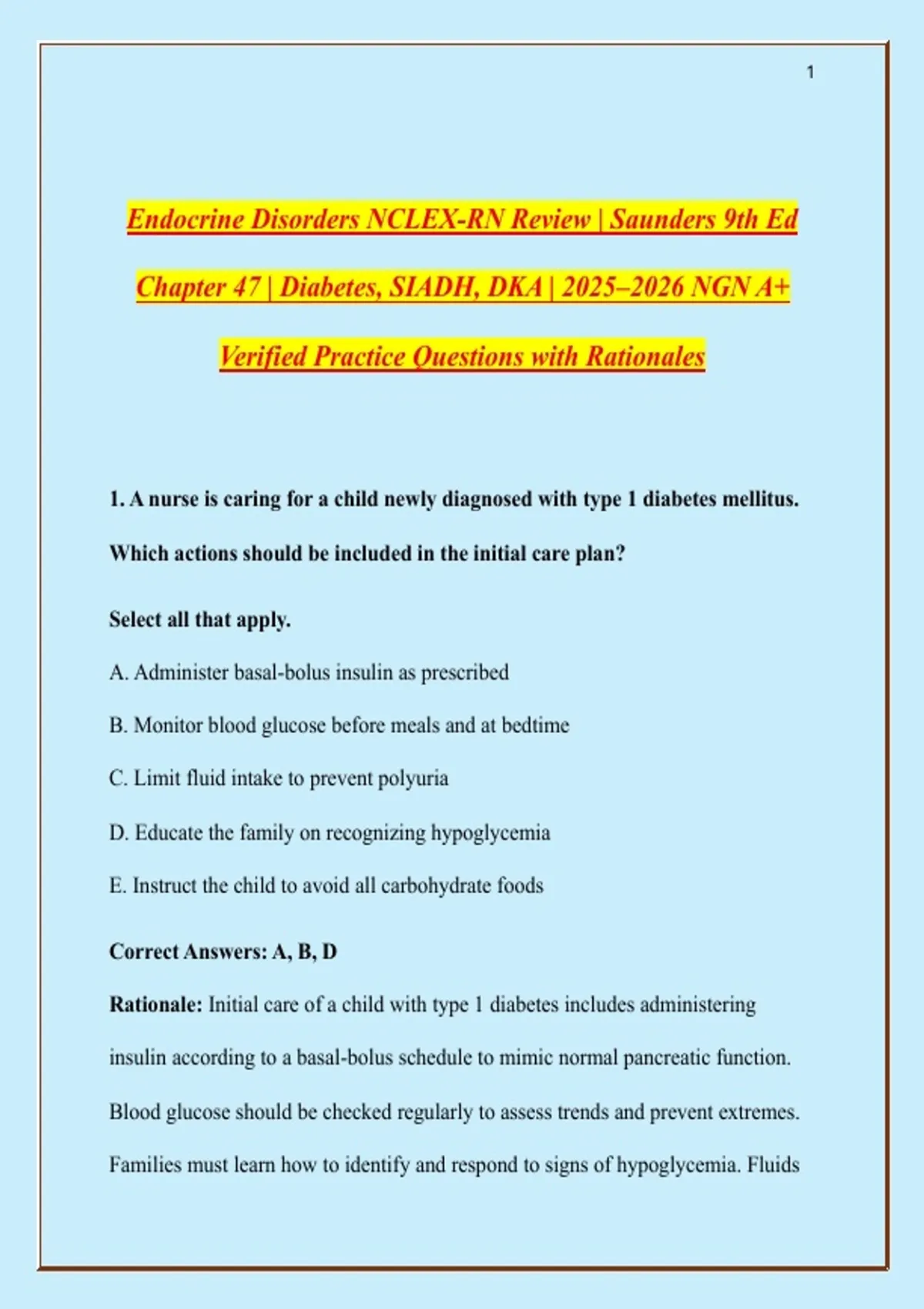 Endocrine Disorders NCLEX-RN Review – Chapter 47 (Diabetes, SIADH, DKA ...