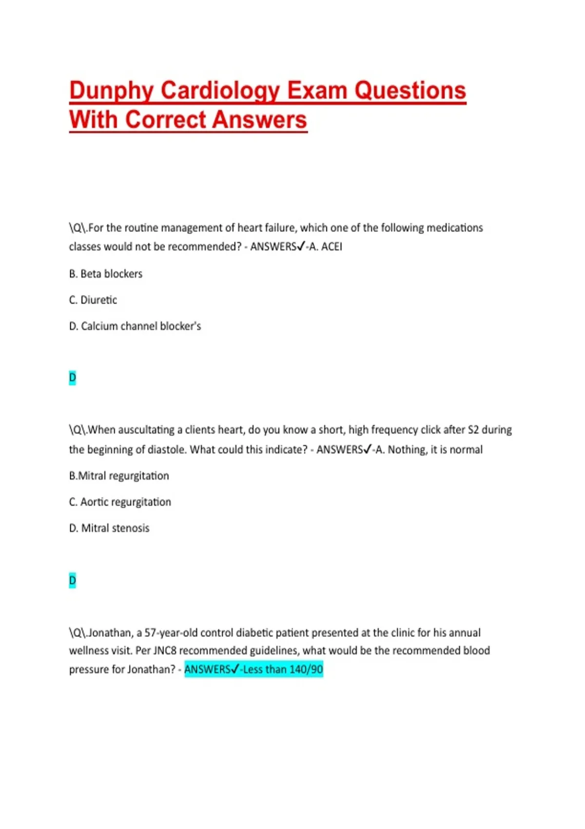Dunphy Cardiology Exam Questions With Correct Answers - Dunphy ...