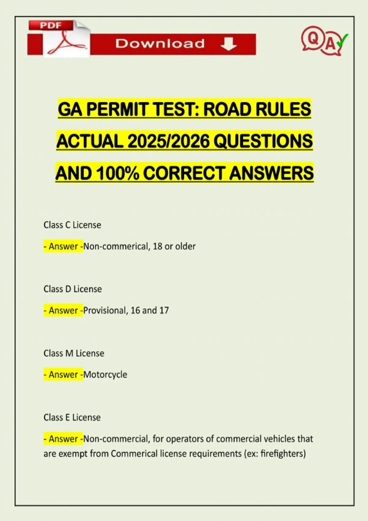 GA PERMIT TEST: ROAD RULES ACTUAL 2026 QUESTIONS AND 100% CORRECT ...