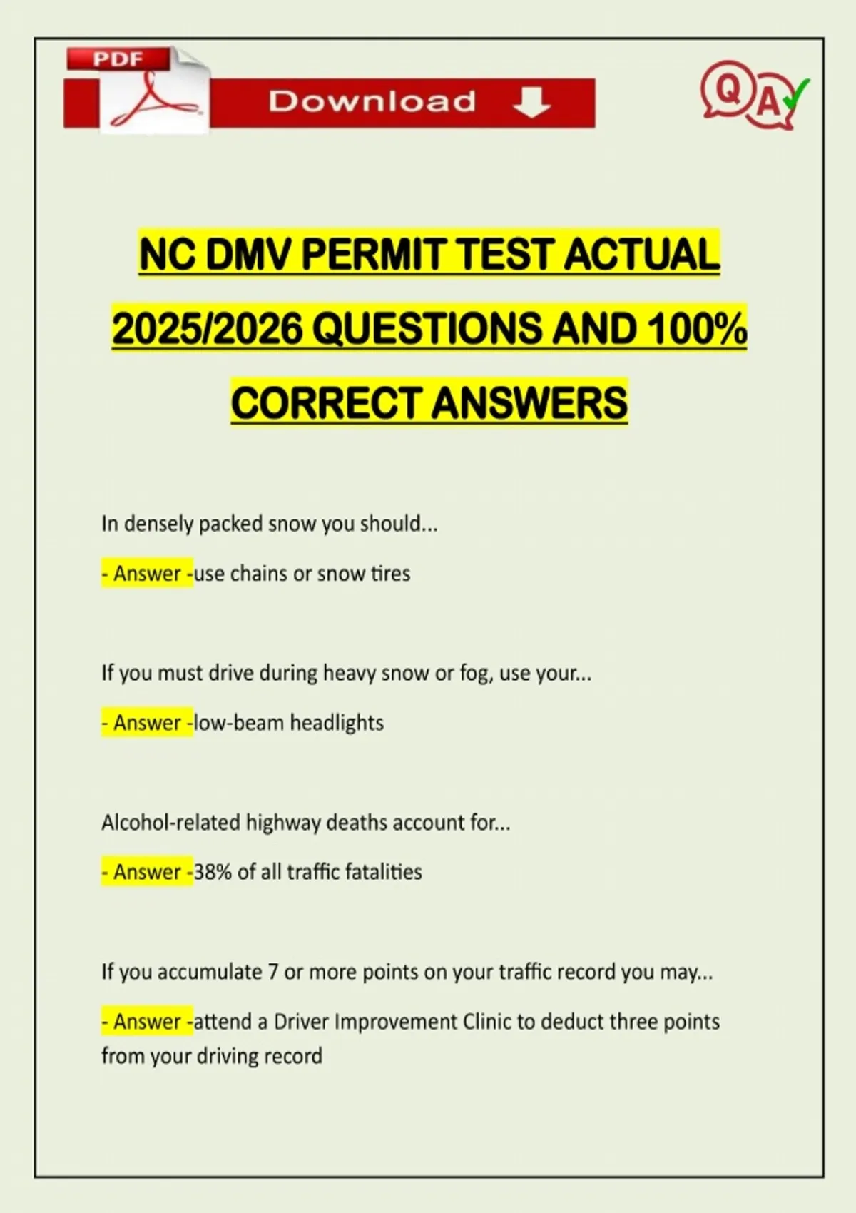 NC DMV PERMIT TEST ACTUAL 2026 QUESTIONS AND 100% CORRECT ANSWERS - Dmv ...