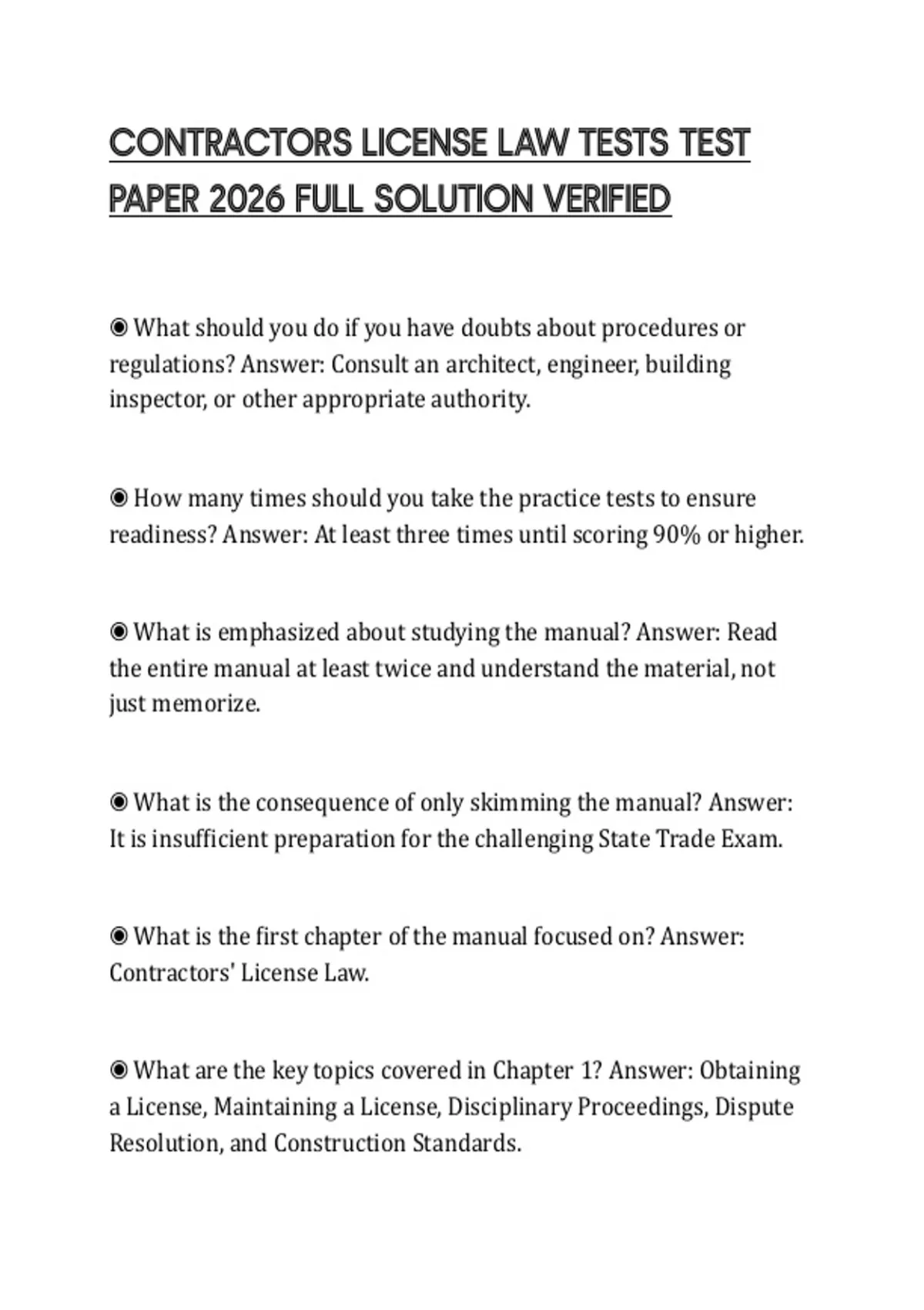 CONTRACTORS LICENSE LAW TESTS TEST PAPER 2026 FULL SOLUTION VERIFIED ...