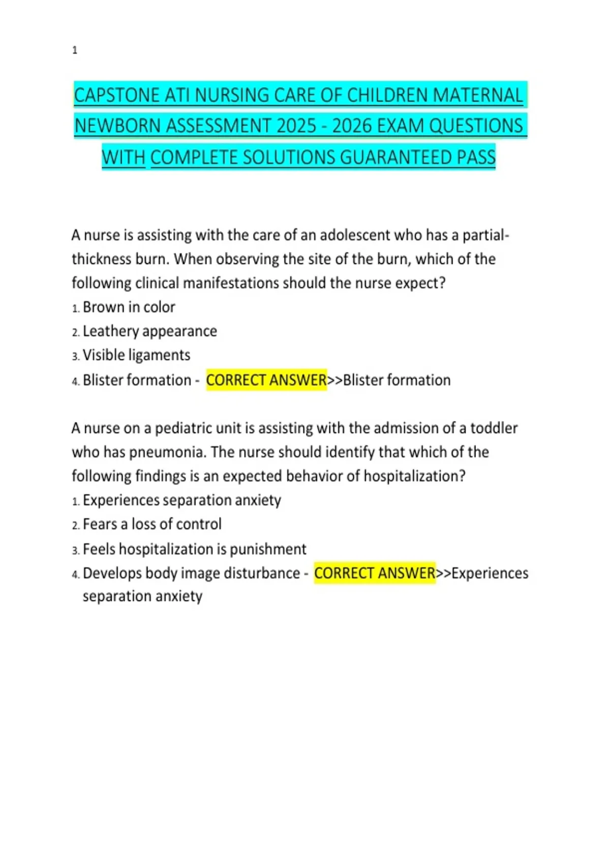 CAPSTONE ATI NURSING CARE OF CHILDREN MATERNAL NEWBORN ASSESSMENT EXAM ...