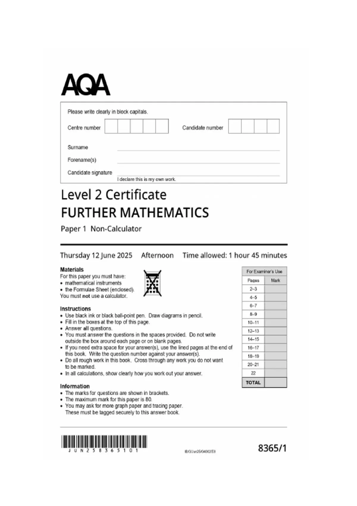 aqa level 2 certificate further mathematics paper 1 2025 exam merged ...