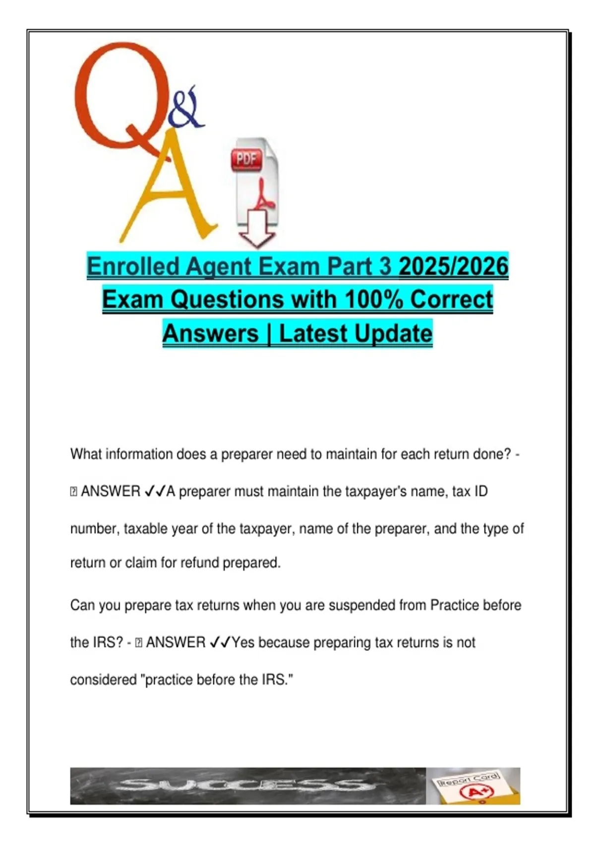 Enrolled Agent Exam Part 3 – TAX EA503 – 130 Questions with Correct ...