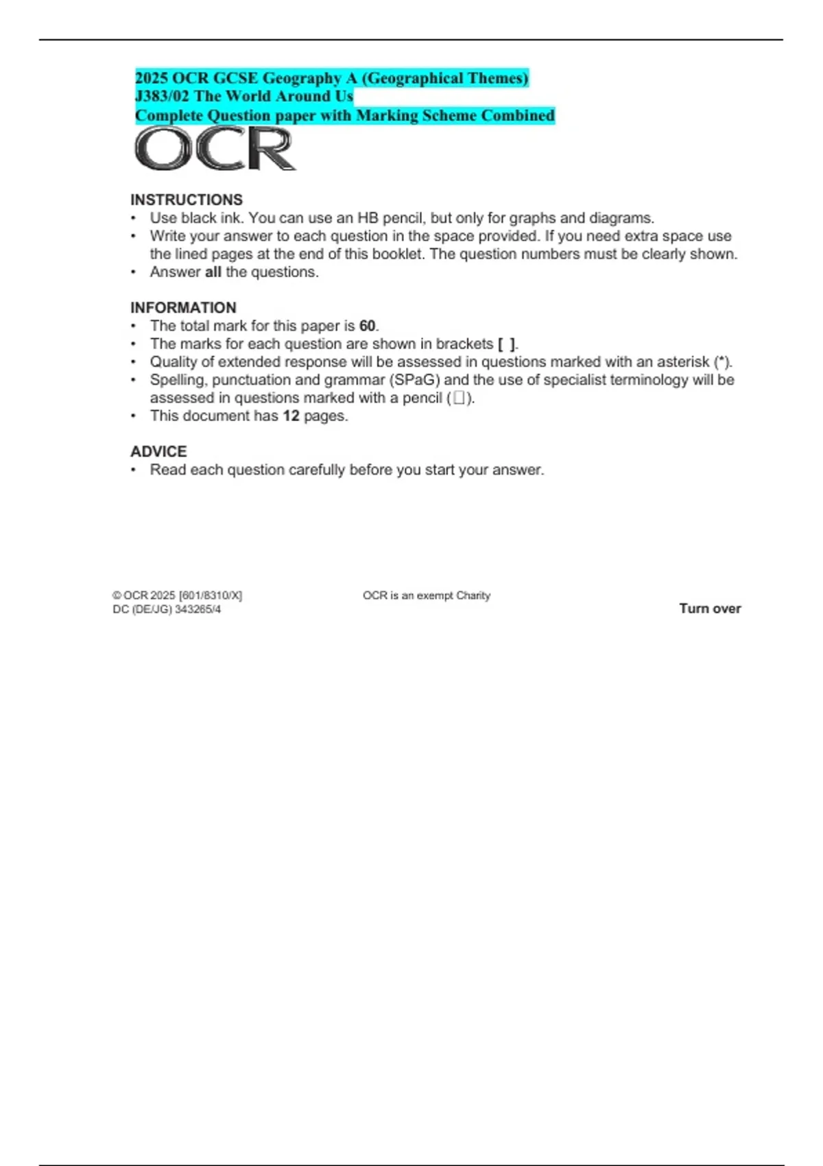 2025 OCR GCSE Geography A J383/02 | The World Around Us – Complete ...