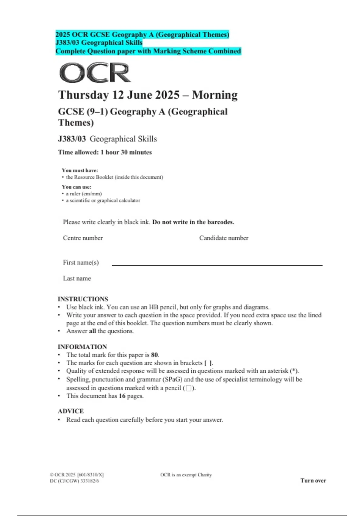 2025 OCR GCSE Geography A J383/03 Geographical Skills OCR GCSE OCR GCSE ...