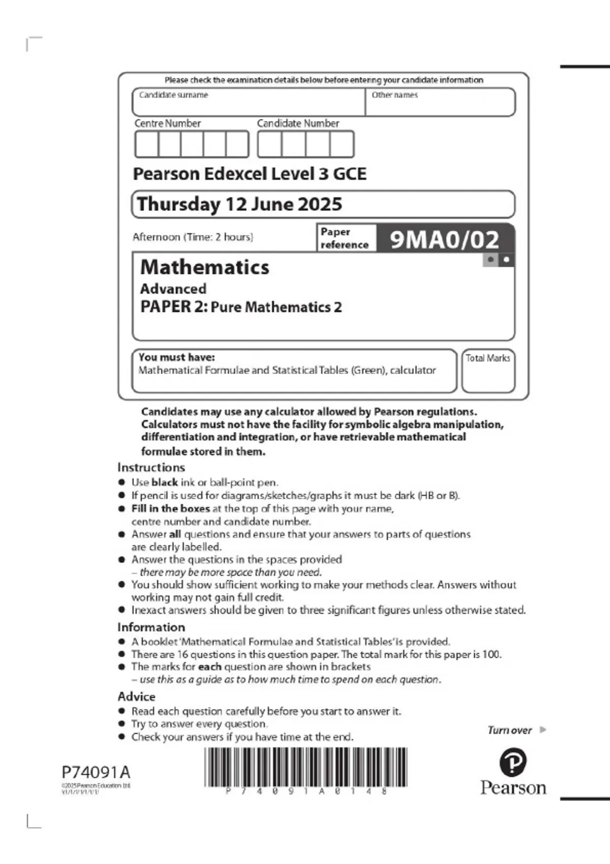 2025 PEARSON EDEXCEL GCE LEVEL 3 Advanced Mathematics ( 9MA0) ALL ...