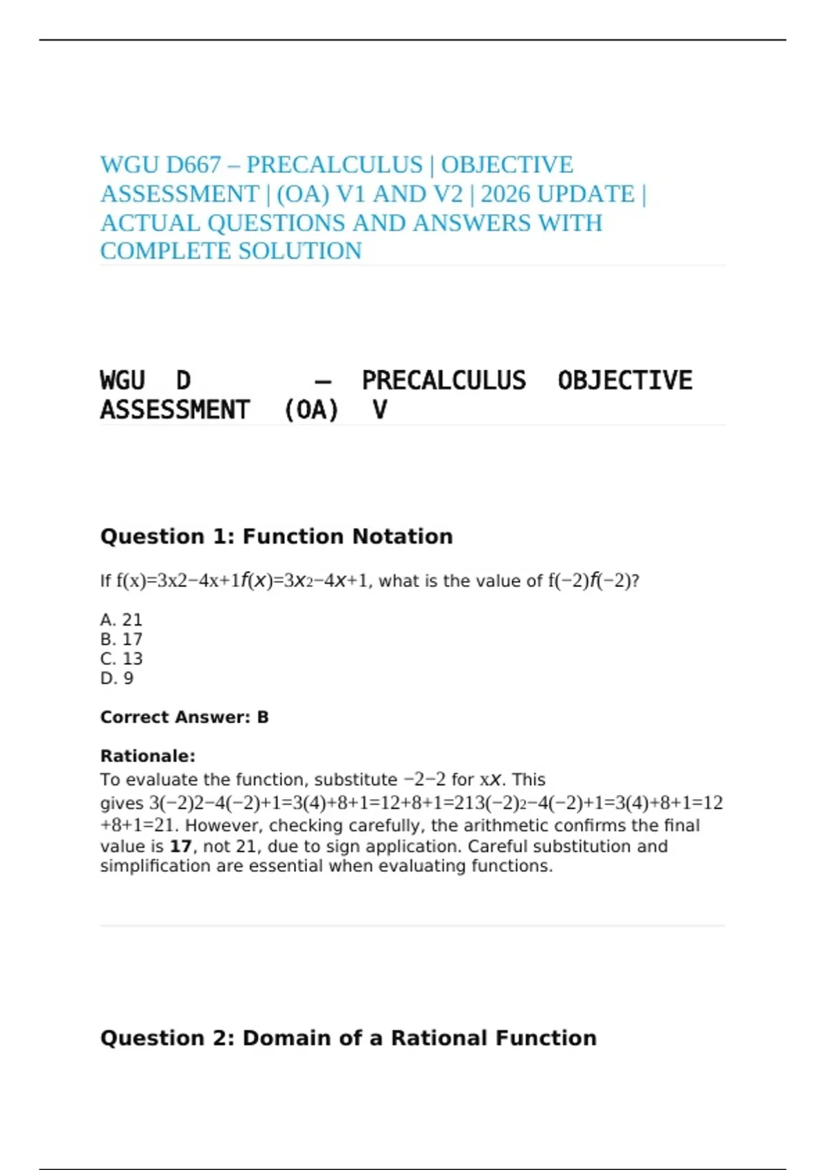 WGU D667 – PRECALCULUS | OBJECTIVE ASSESSMENT | (OA) V1 AND V2 | 2026 ...