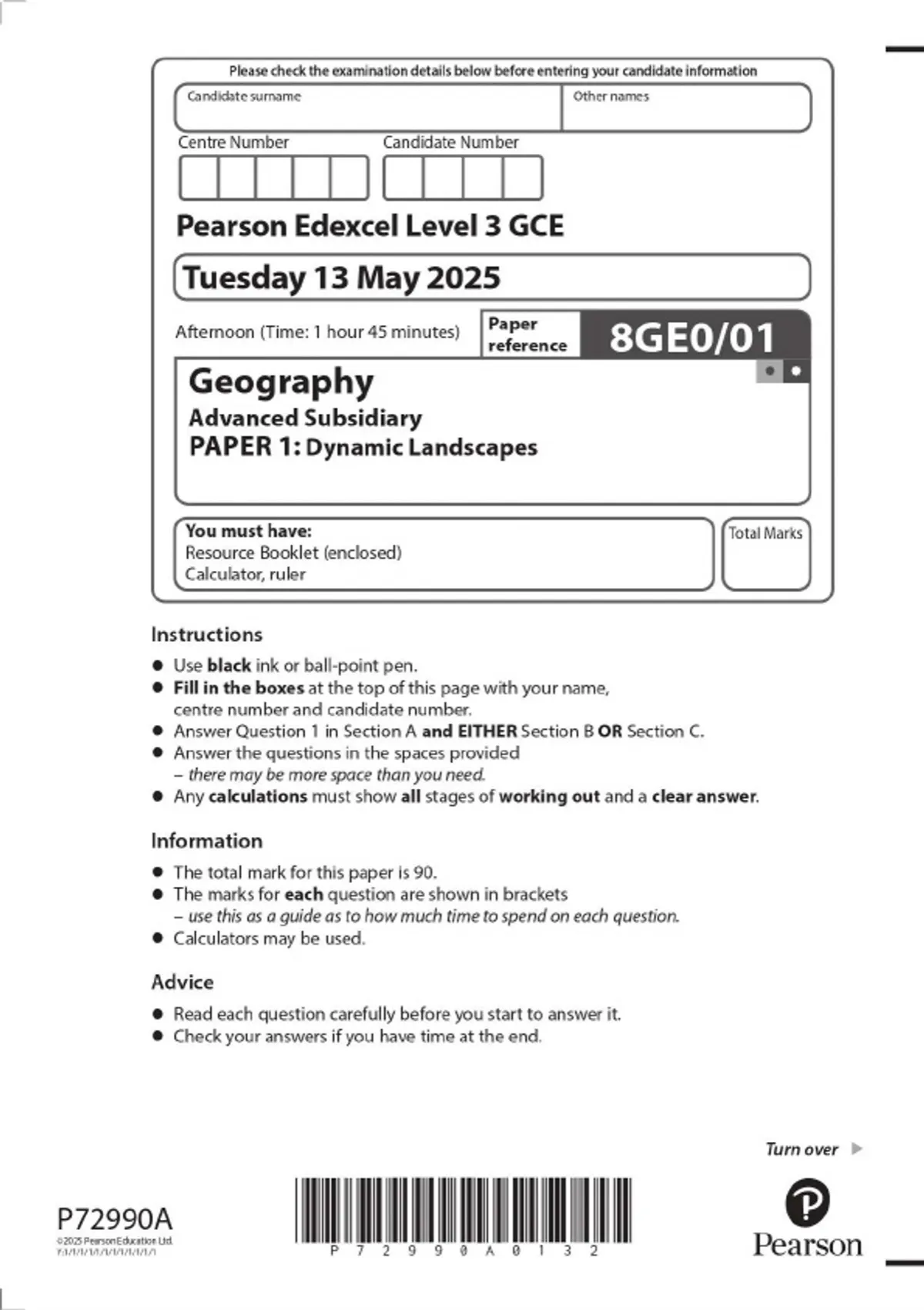 2025 Pearson Edexcel Level 3 GCE 8GE0/01 Geography Advanced Subsidiary ...