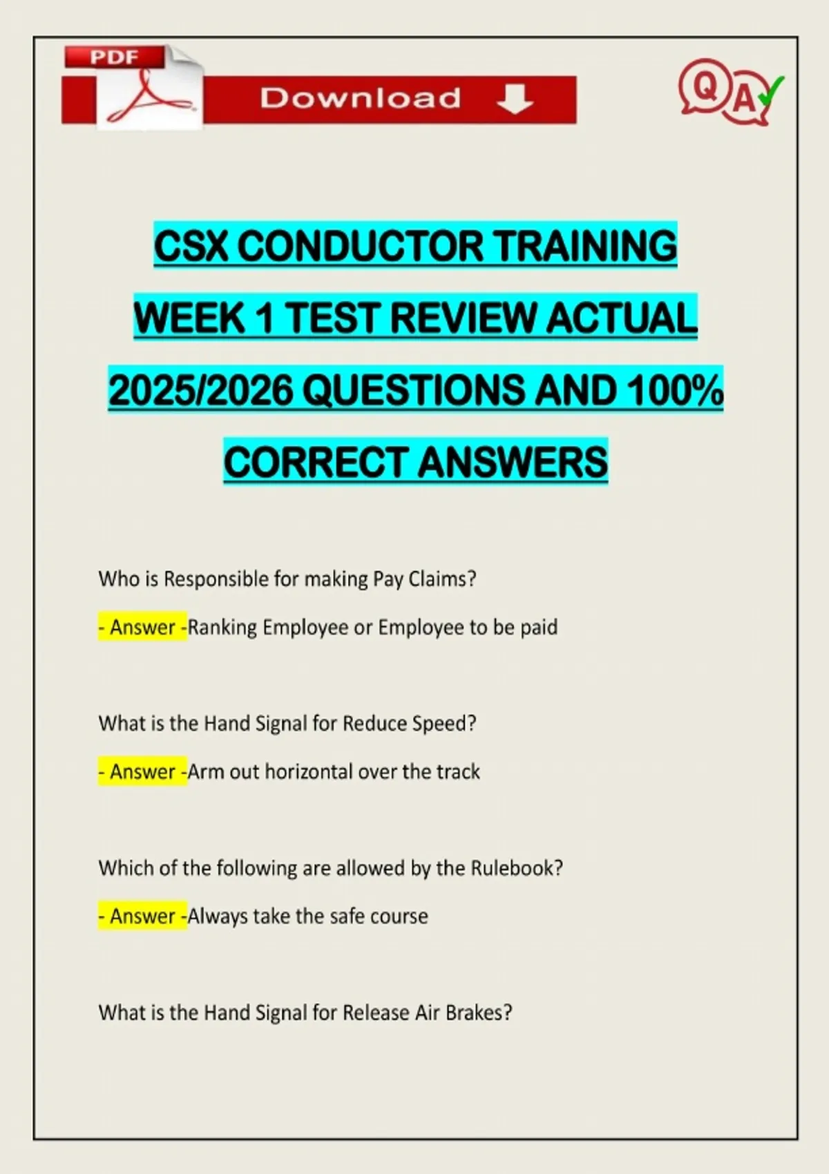 CSX CONDUCTOR TRAINING WEEK 1 TEST REVIEW ACTUAL 2026 QUESTIONS AND 100 ...