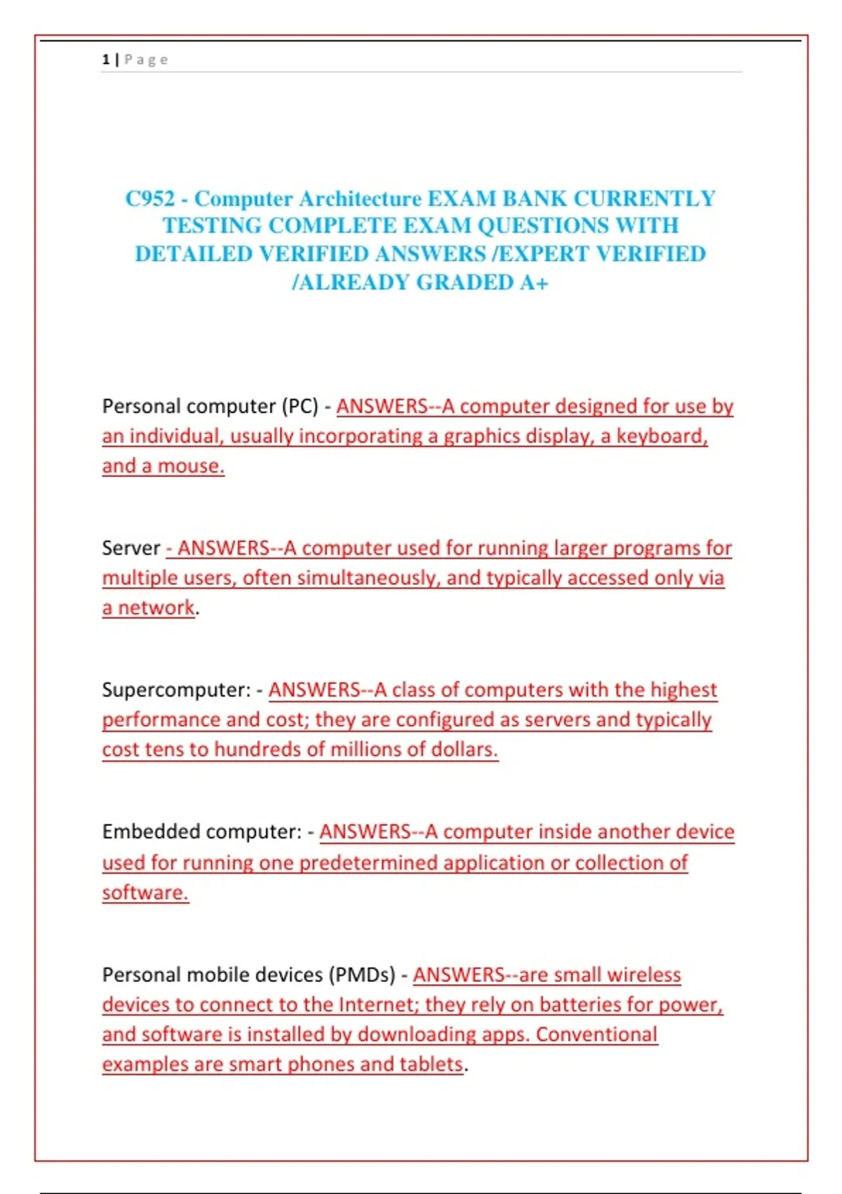 C952 Computer Architecture – Full Exam Question Bank with Expert ...