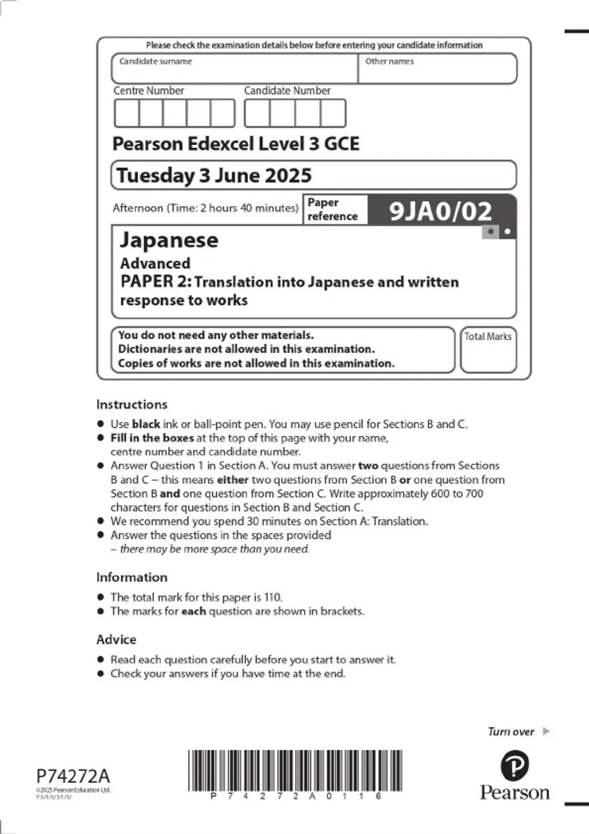 2025 PEARSON EDEXCEL GCE LEVEL 3 Japanese Advanced (9JA0) ALL PAPERS ...