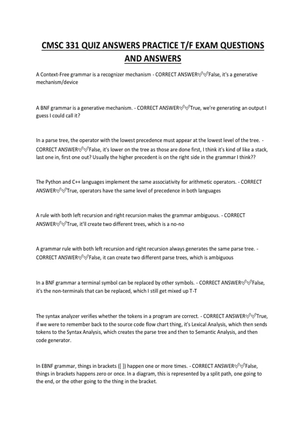 CMSC 331 QUIZ ANSWERS PRACTICE T F EXAM QUESTIONS AND ANSWERS - CMSC ...