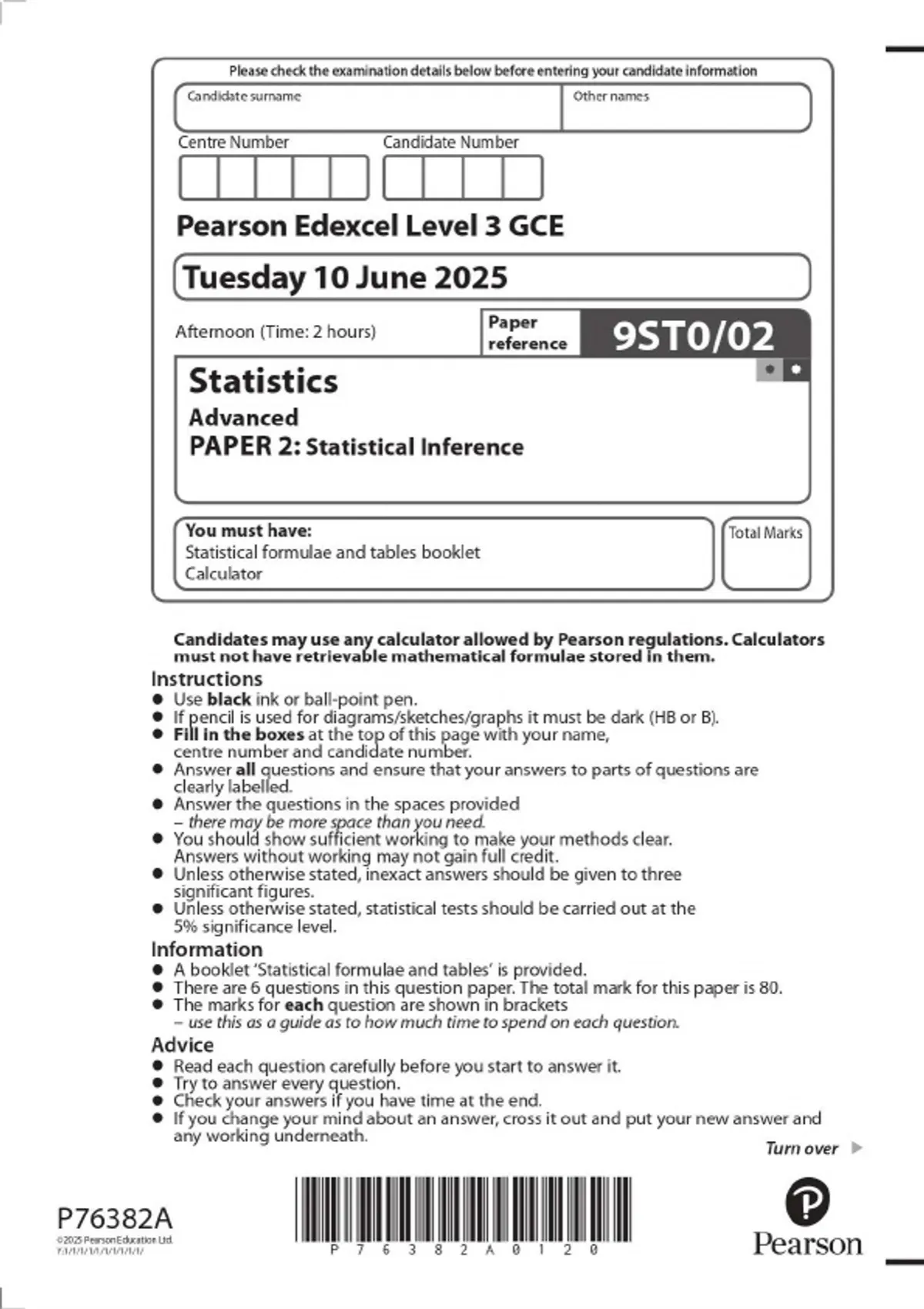 2025 PEARSON EDEXCEL GCE LEVEL 3 Statistics Advanced (9ST0) ALL PAPERS ...