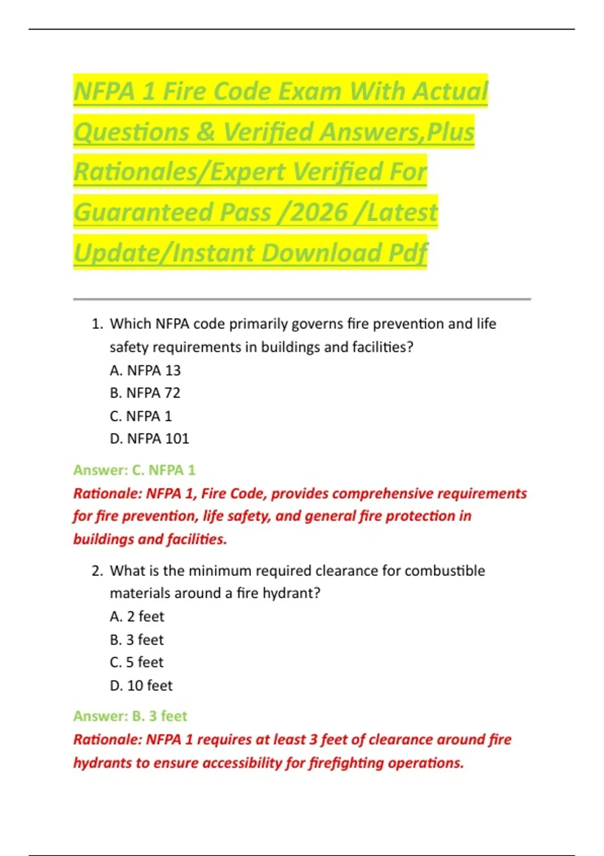 NFPA 1 Fire Code Exam With Actual Questions & Verified Answers,Plus ...