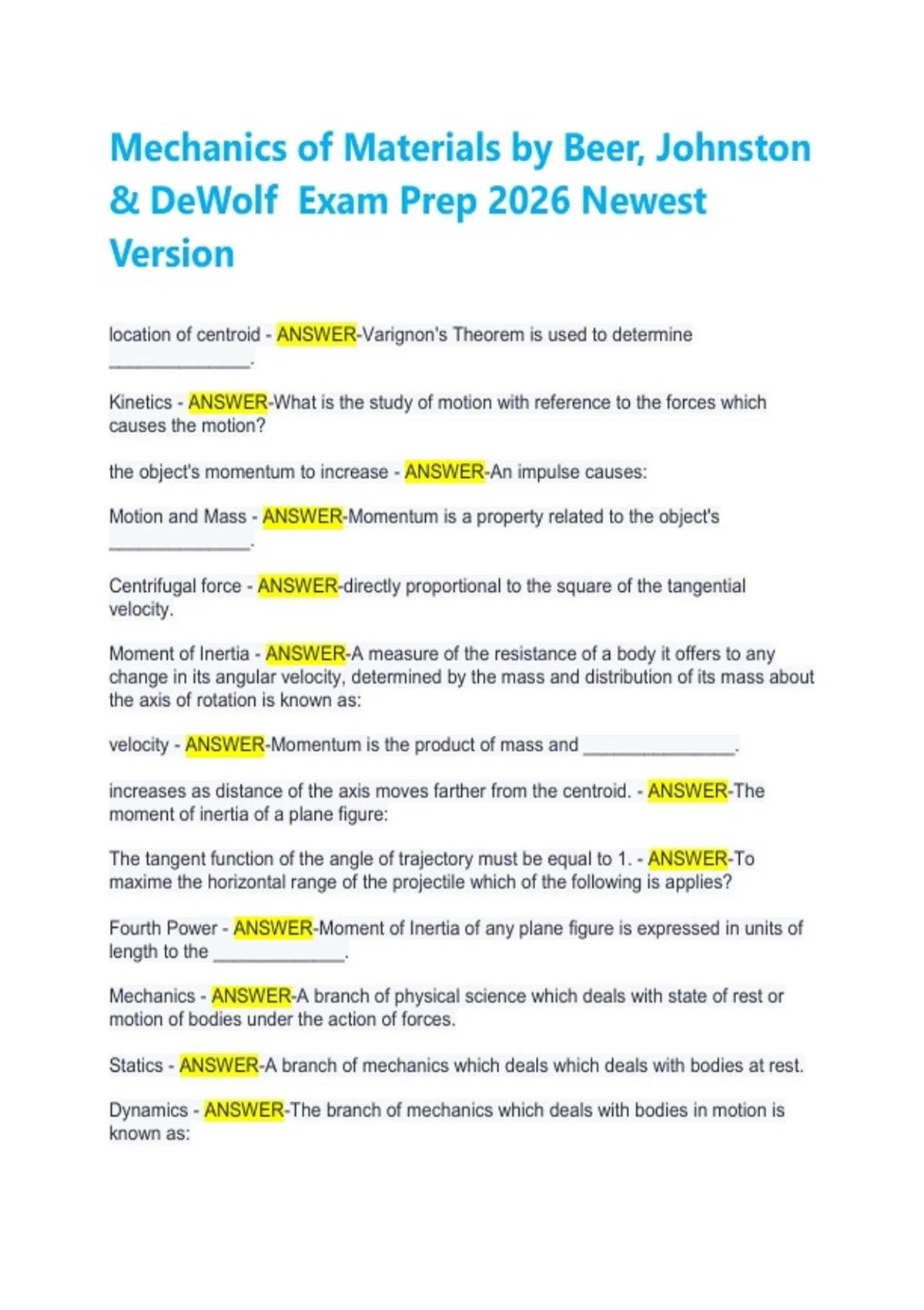 Beer Johnston DeWolf Mechanics of Materials 2026 Exam Prep & Solutions ...