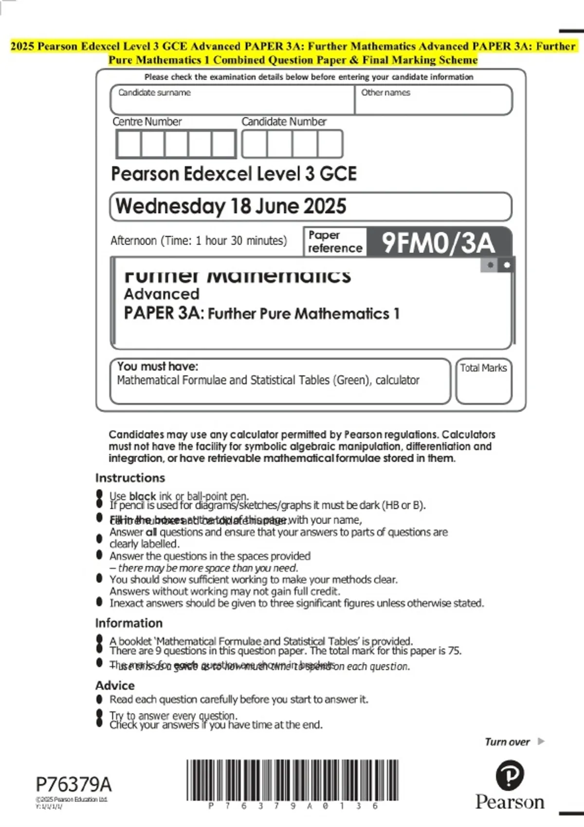 2025 Pearson Edexcel Level 3 GCE Advanced PAPER 3A: Further Mathematics ...