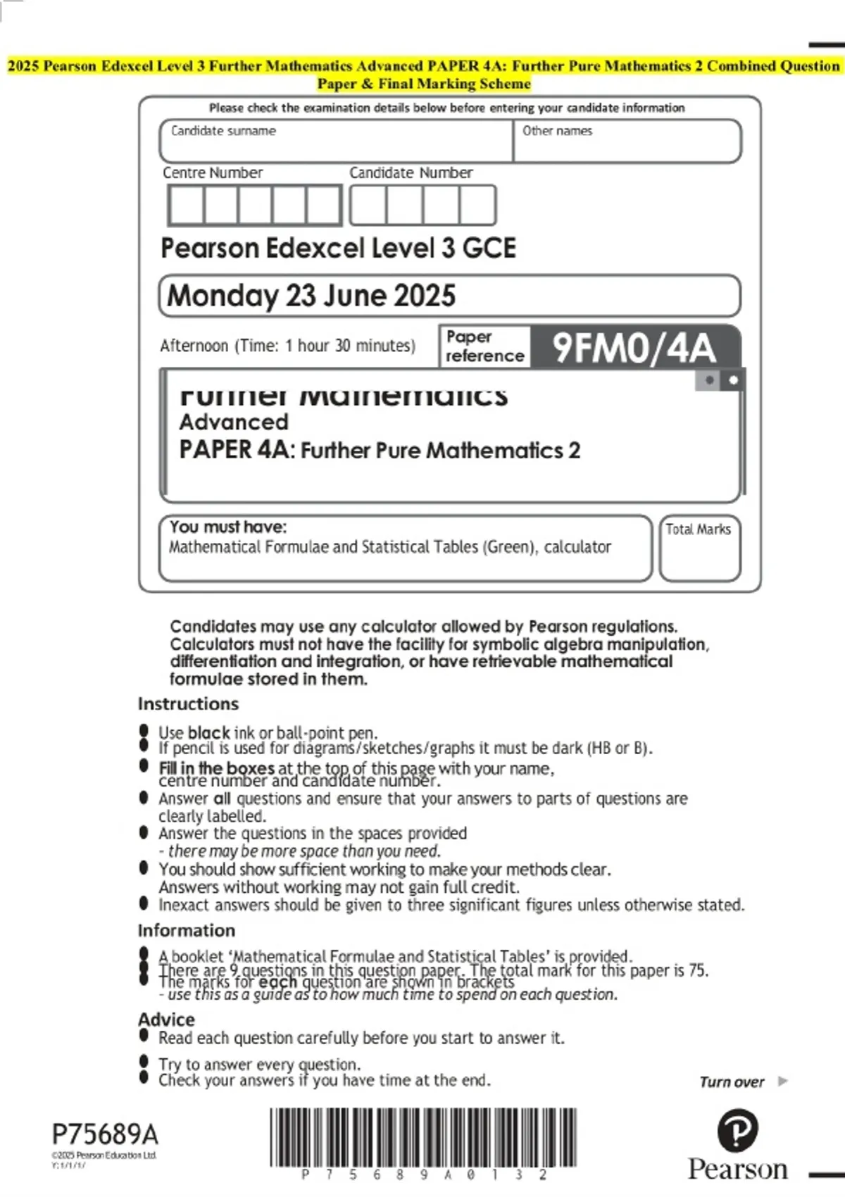 2025 Pearson Edexcel Level 3 Further Mathematics Advanced PAPER 4A ...