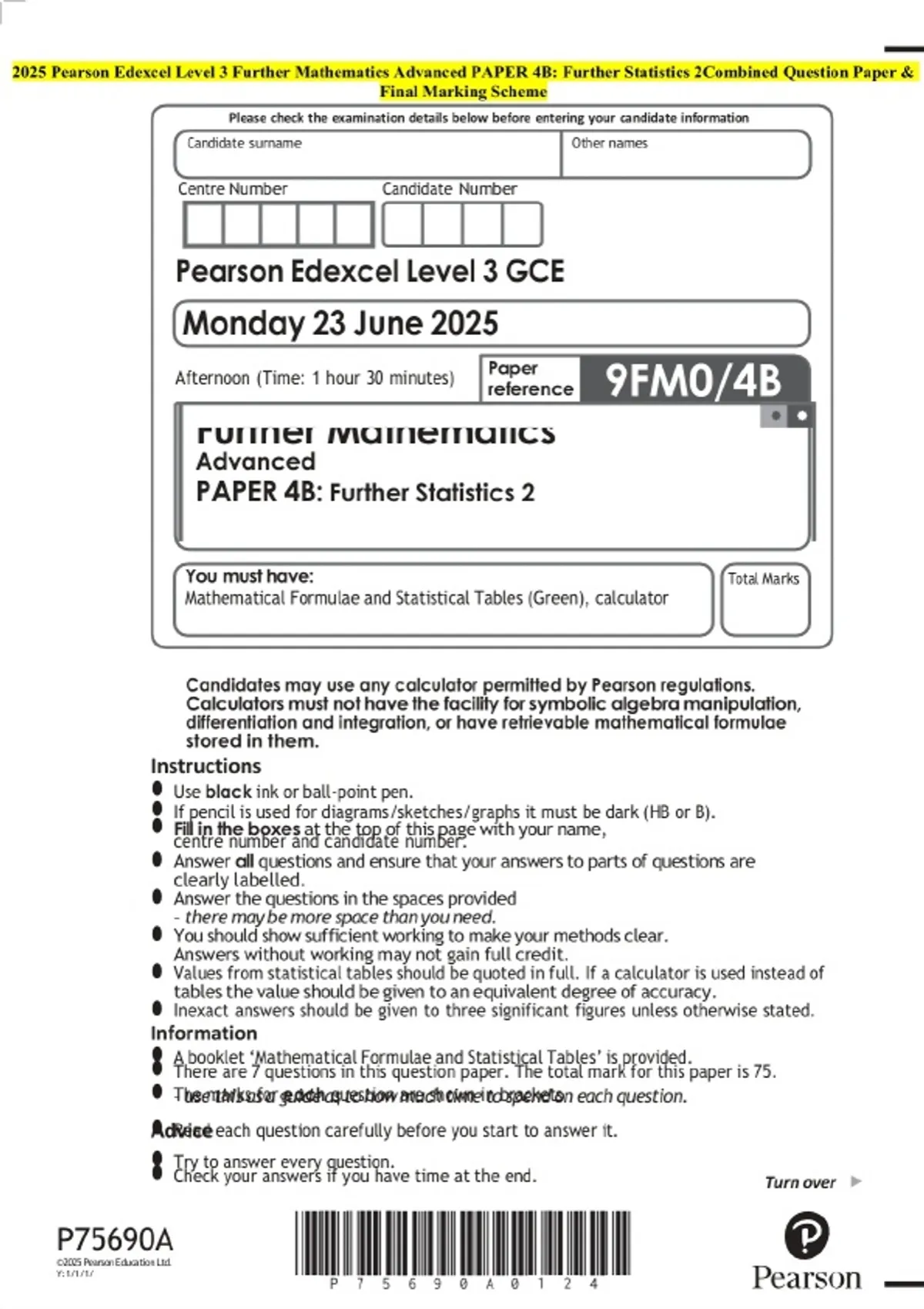 2025 Pearson Edexcel Level 3 Further Mathematics Advanced PAPER 4B ...