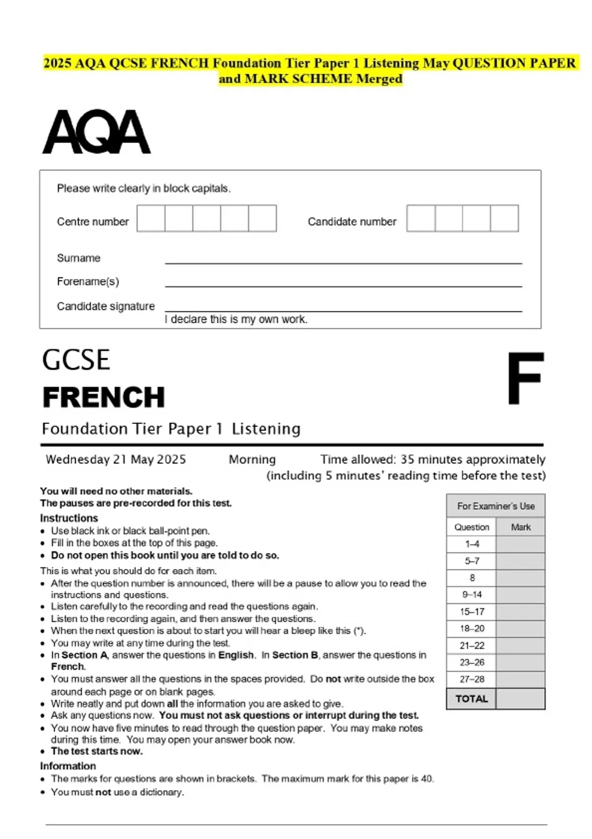 2025 AQA QCSE FRENCH Foundation Tier Paper 1 Listening May QUESTION ...