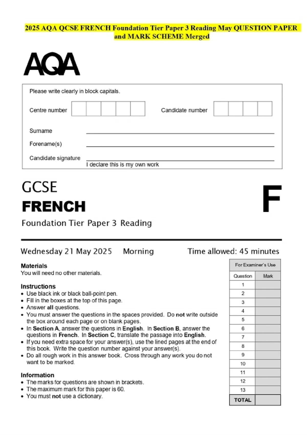 2025 AQA QCSE FRENCH Foundation Tier Paper 3 Reading May QUESTION PAPER ...