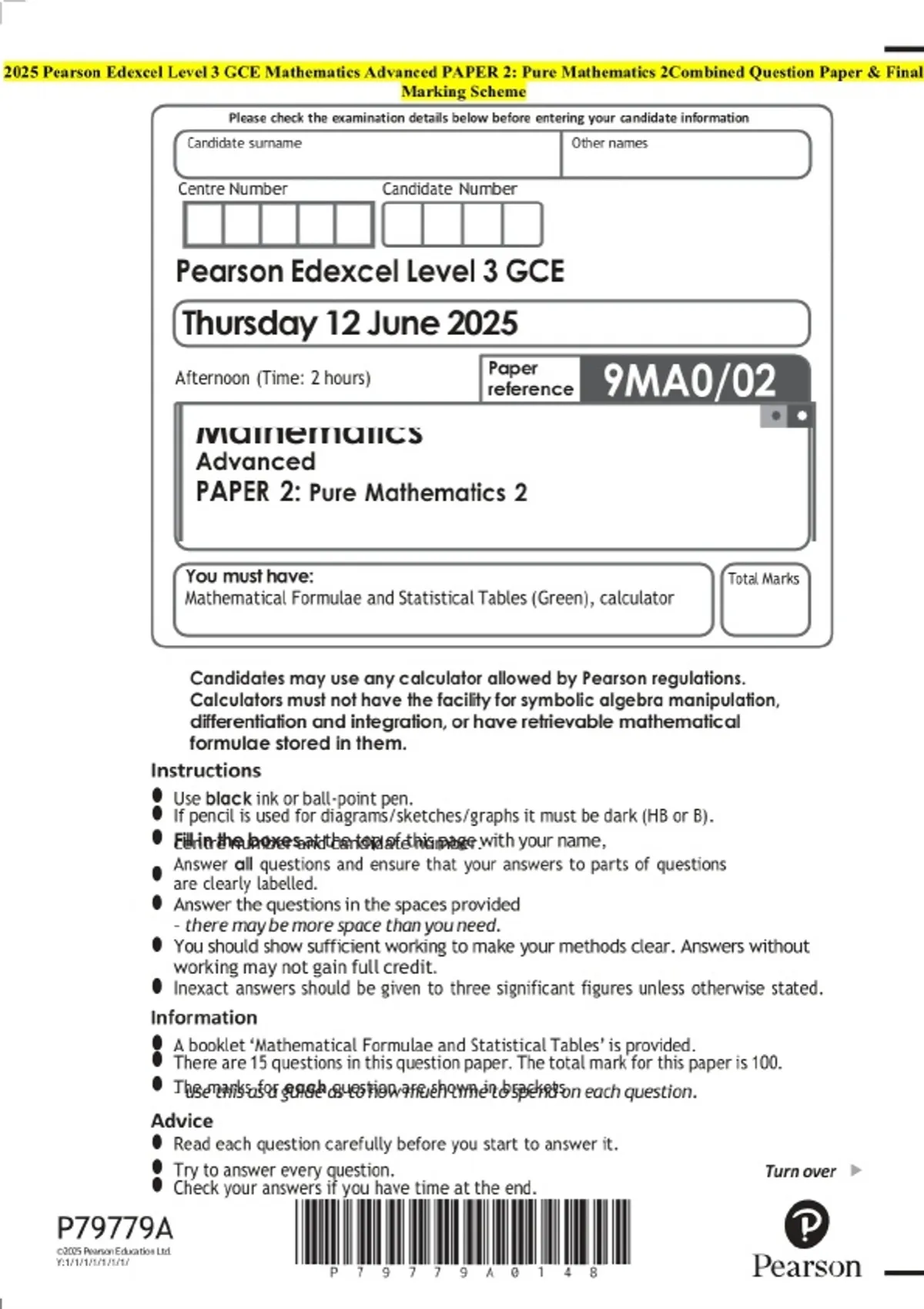 2025 Pearson Edexcel Level 3 GCE Mathematics Advanced PAPER 2: Pure ...