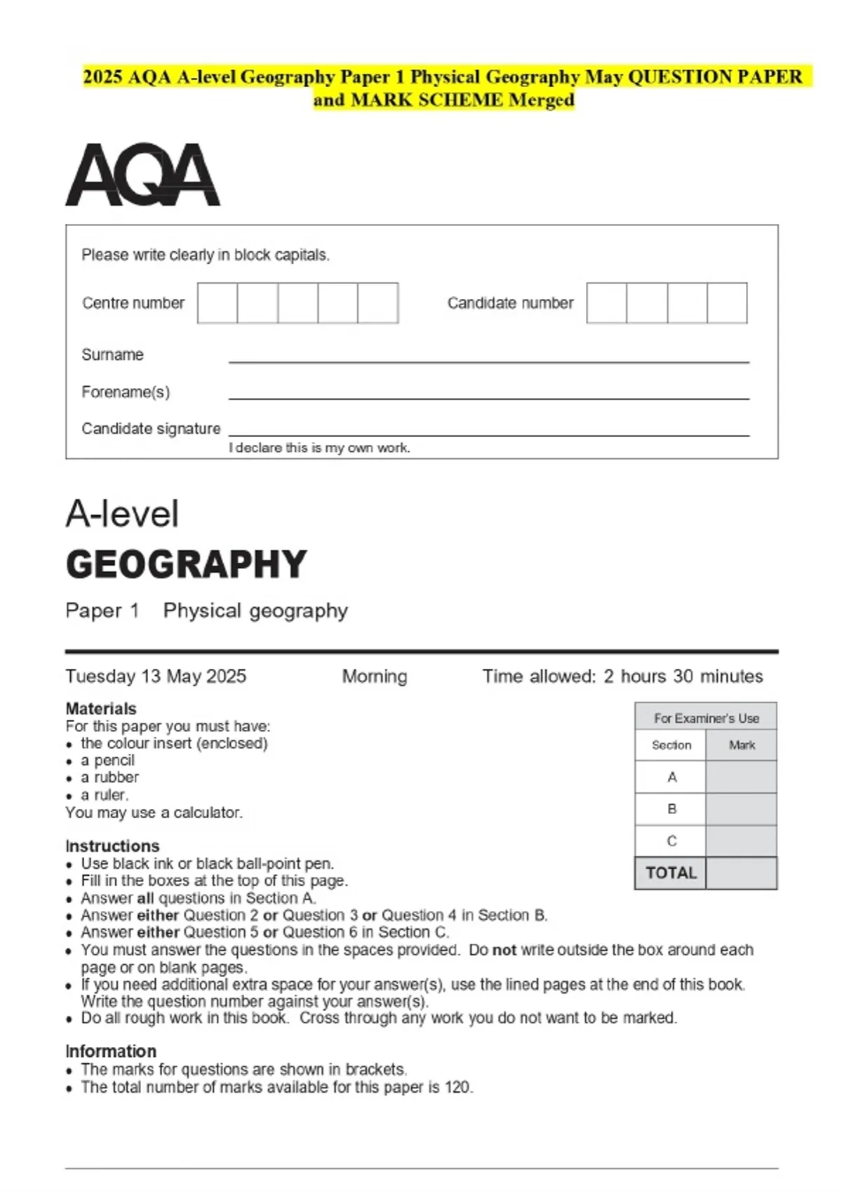 AQA QCSE Mathematics Higher Tier Paper 3 Calculator November 2024 ...