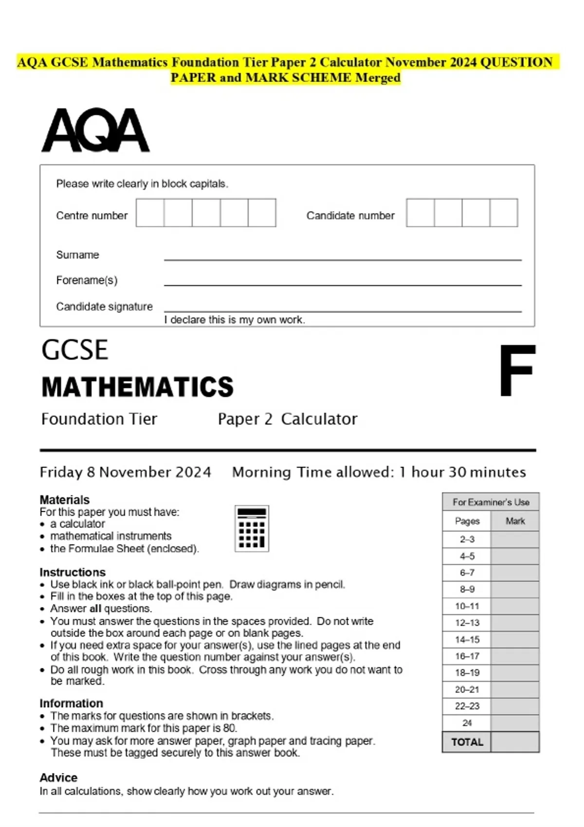 AQA GCSE Mathematics Foundation Tier Paper 2 Calculator November 2024 ...