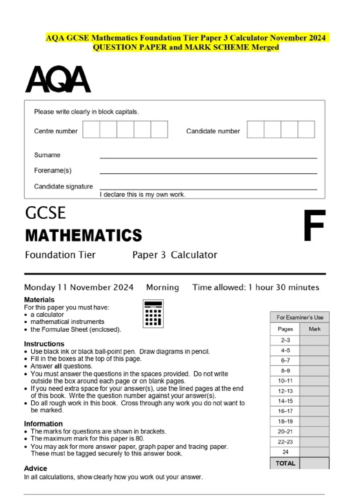 AQA GCSE Mathematics Foundation Tier Paper 3 Calculator November 2024 ...