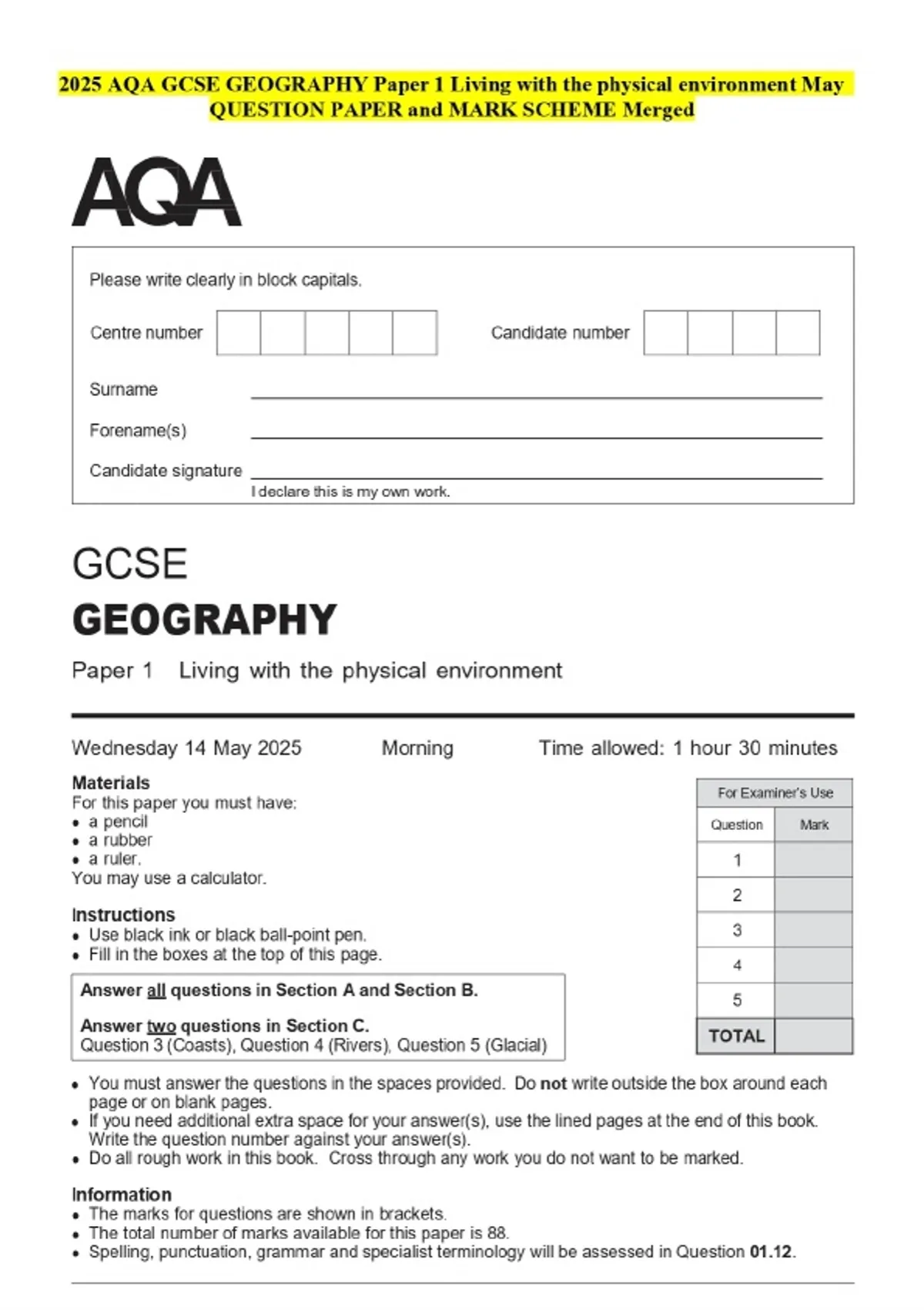 2025 AQA GCSE GEOGRAPHY Paper 1 Living with the physical environment ...