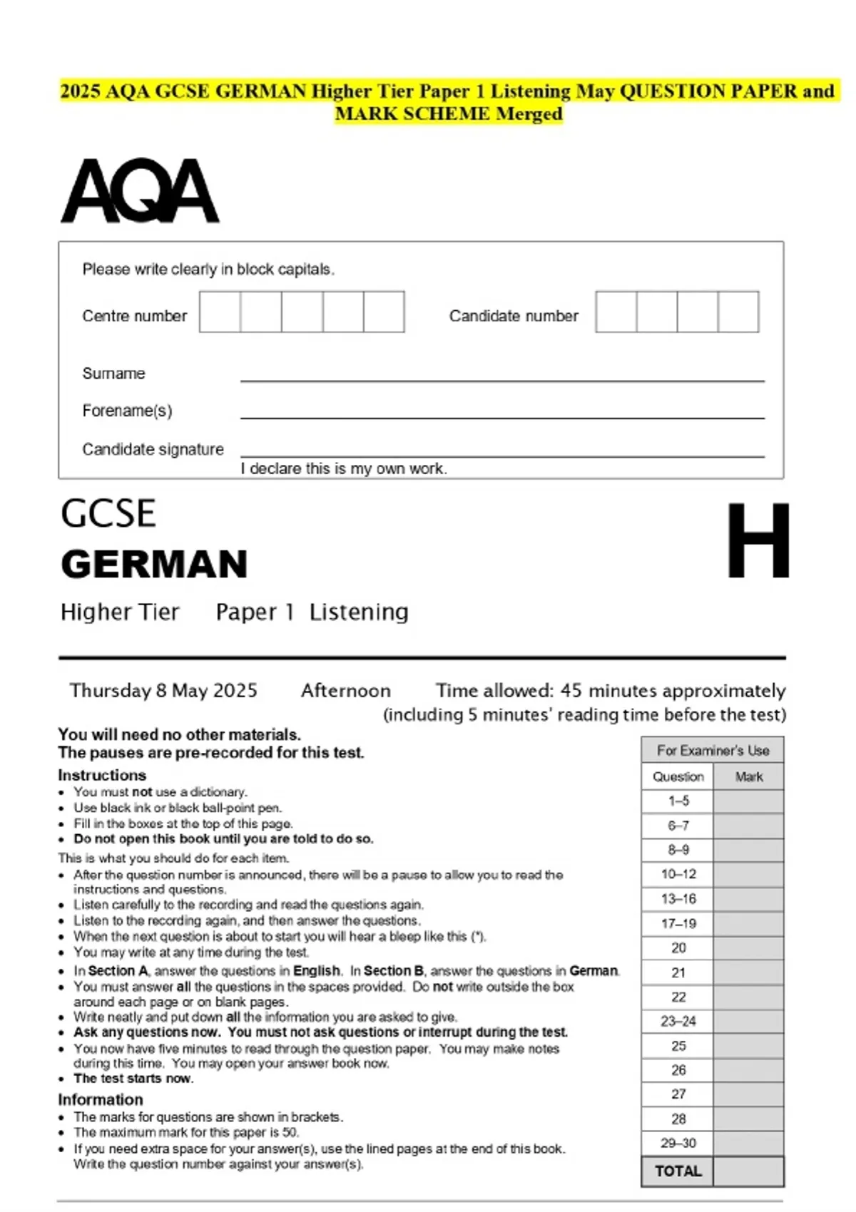 2025 AQA GCSE GERMAN Higher Tier Paper 1 Listening May QUESTION PAPER ...