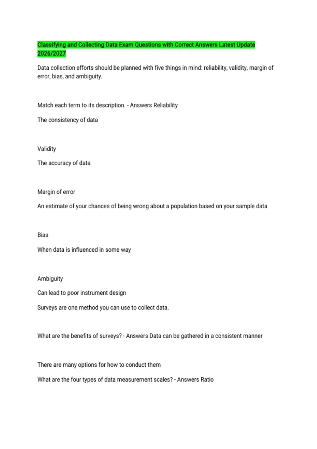 Classifying and Collecting Data Exam Questions with Correct Answers ...