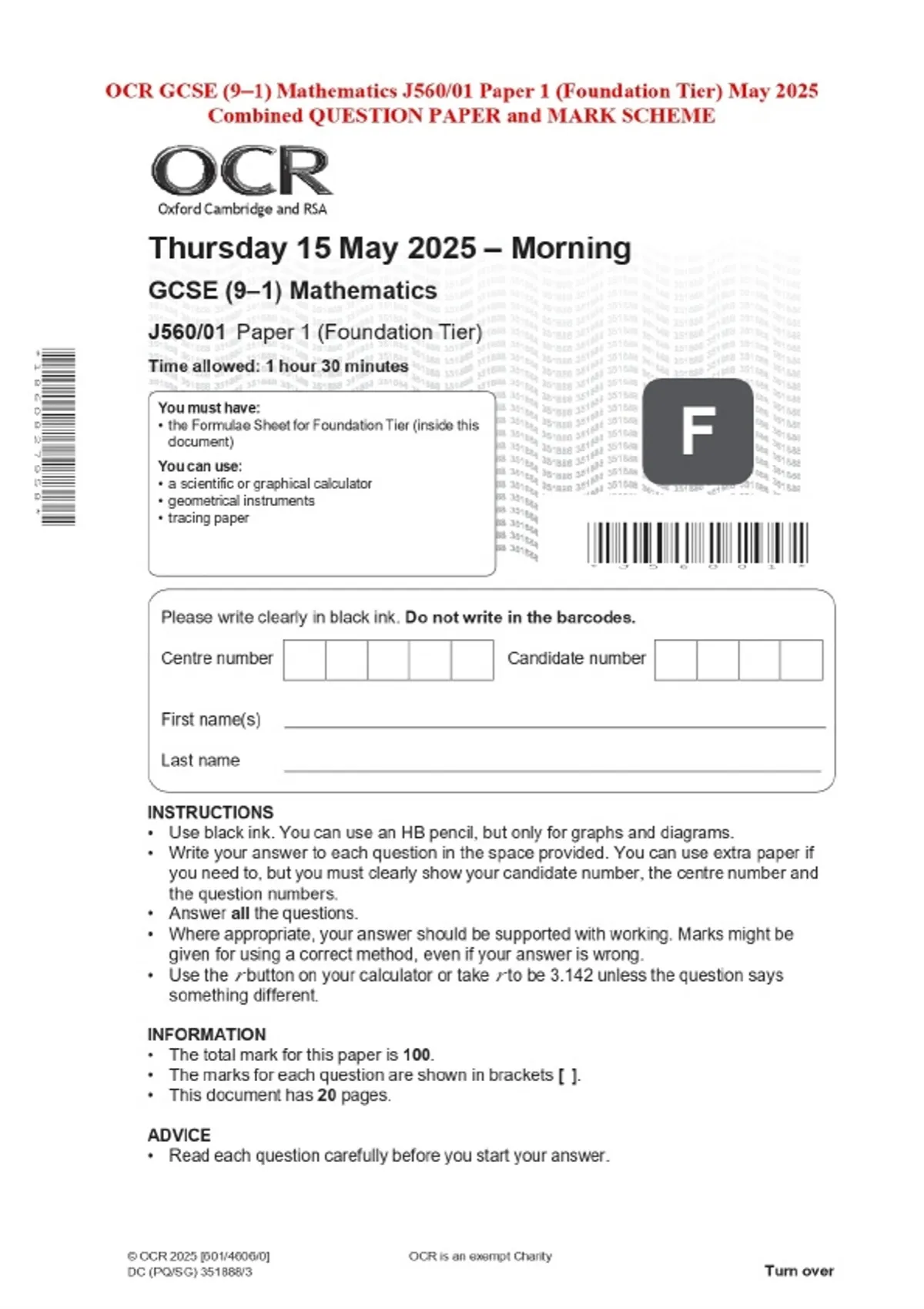 OCR GCSE (9–1) Mathematics J560/01 Paper 1 (Foundation Tier) May 2025 ...