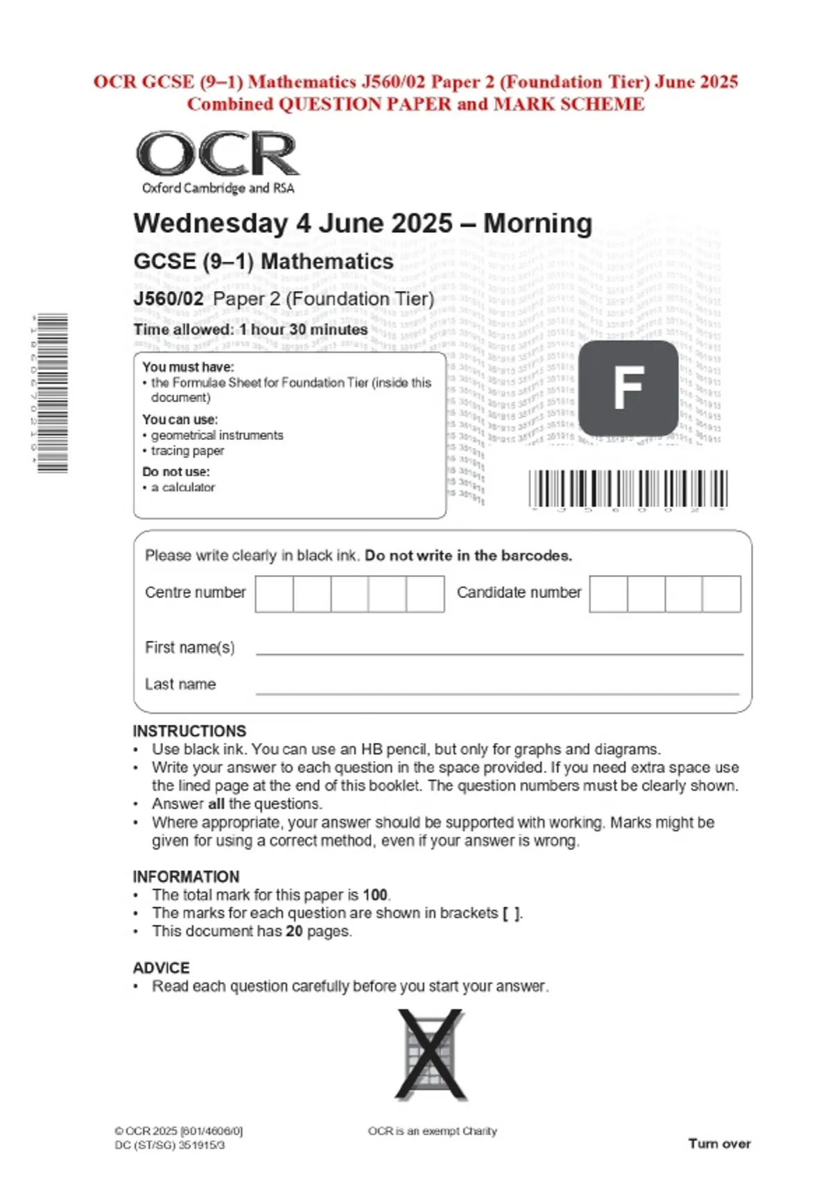 OCR GCSE (9–1) Mathematics J560/02 Paper 2 (Foundation Tier) June 2025 ...