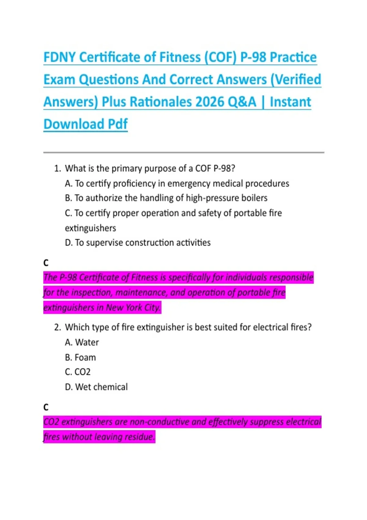 FDNY Certificate of Fitness (COF) P-98 Practice Exam Questions And ...