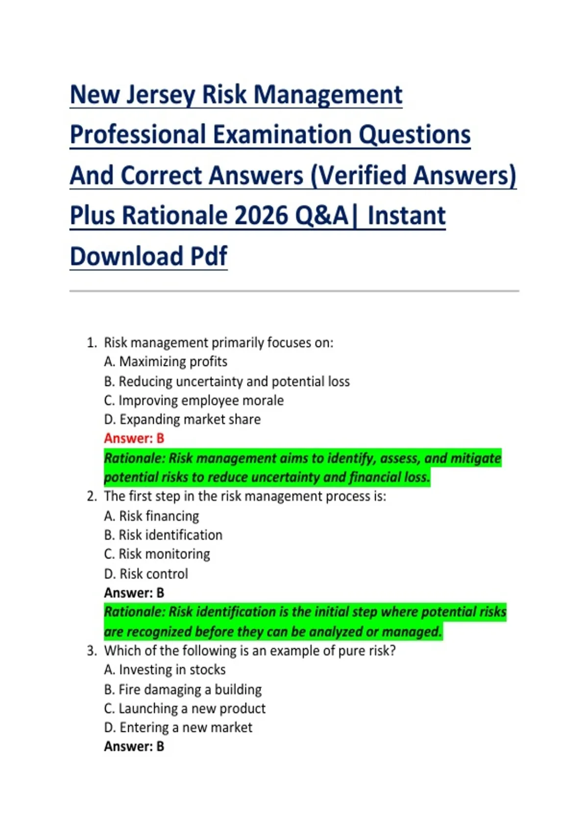 New Jersey Risk Management Professional Examination Questions And ...