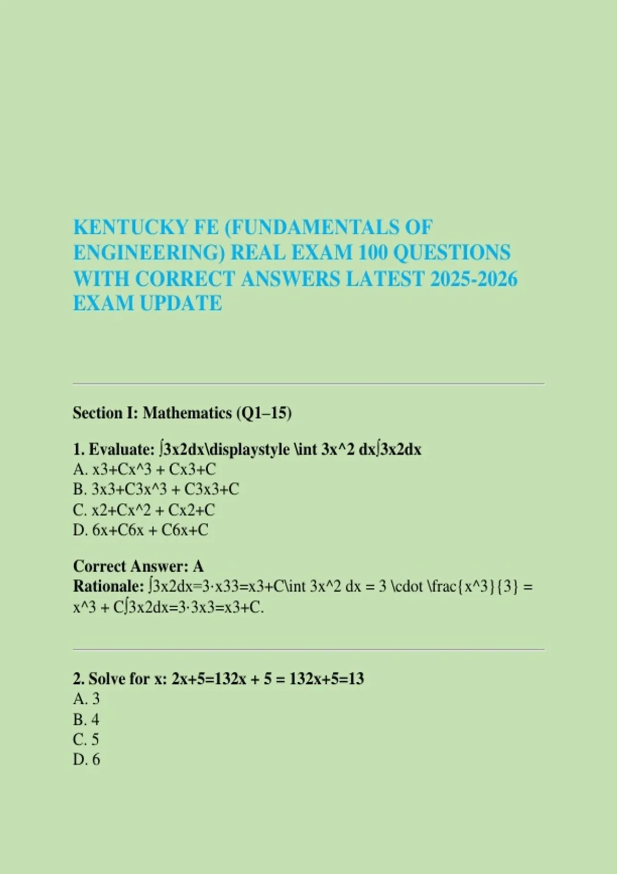 KENTUCKY FE (FUNDAMENTALS OF ENGINEERING) REAL EXAM 100 QUESTIONS WITH ...