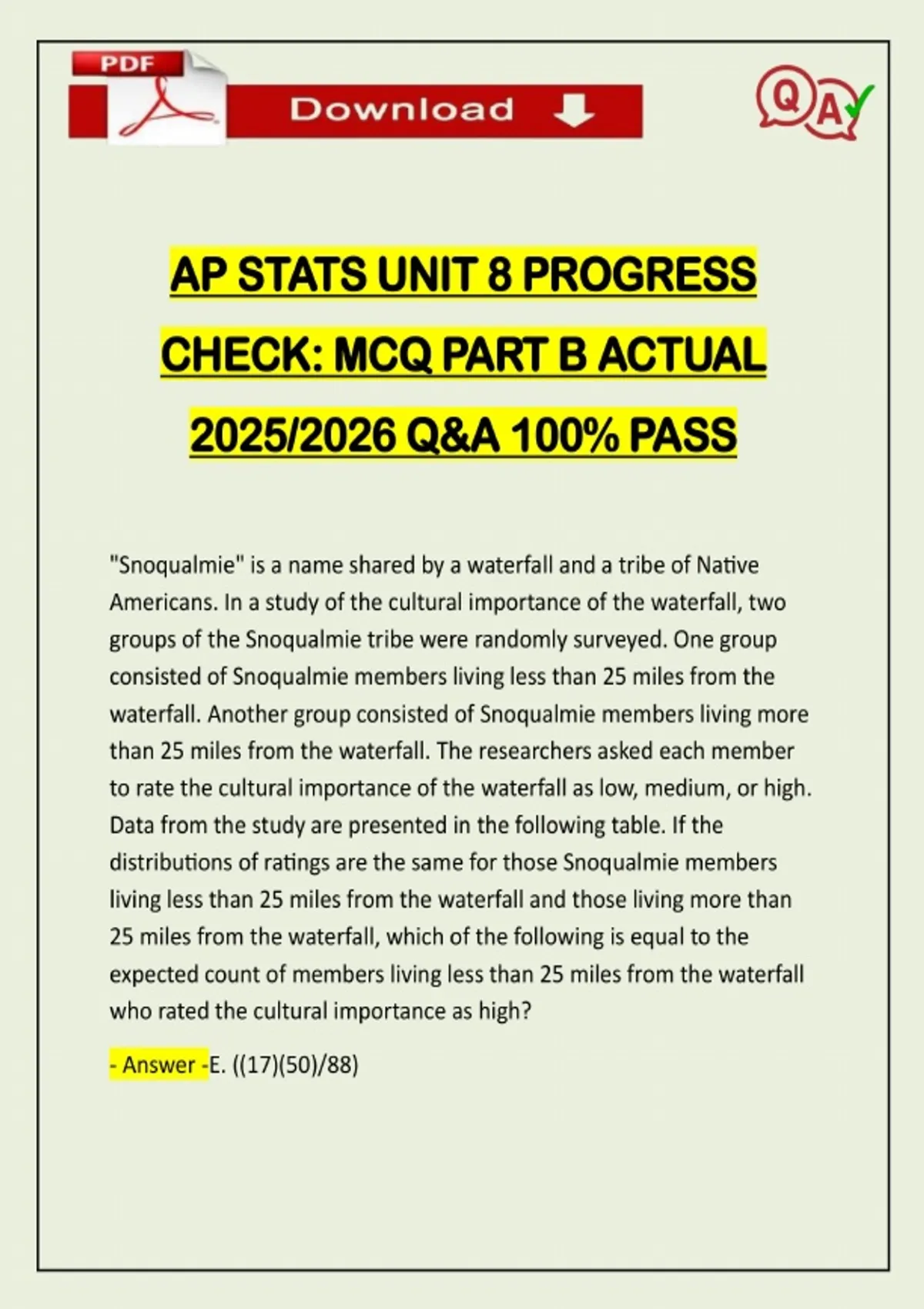 AP STATS UNIT 8 PROGRESS CHECK: MCQ PART B ACTUAL 2026 Q&A 100% PASS ...