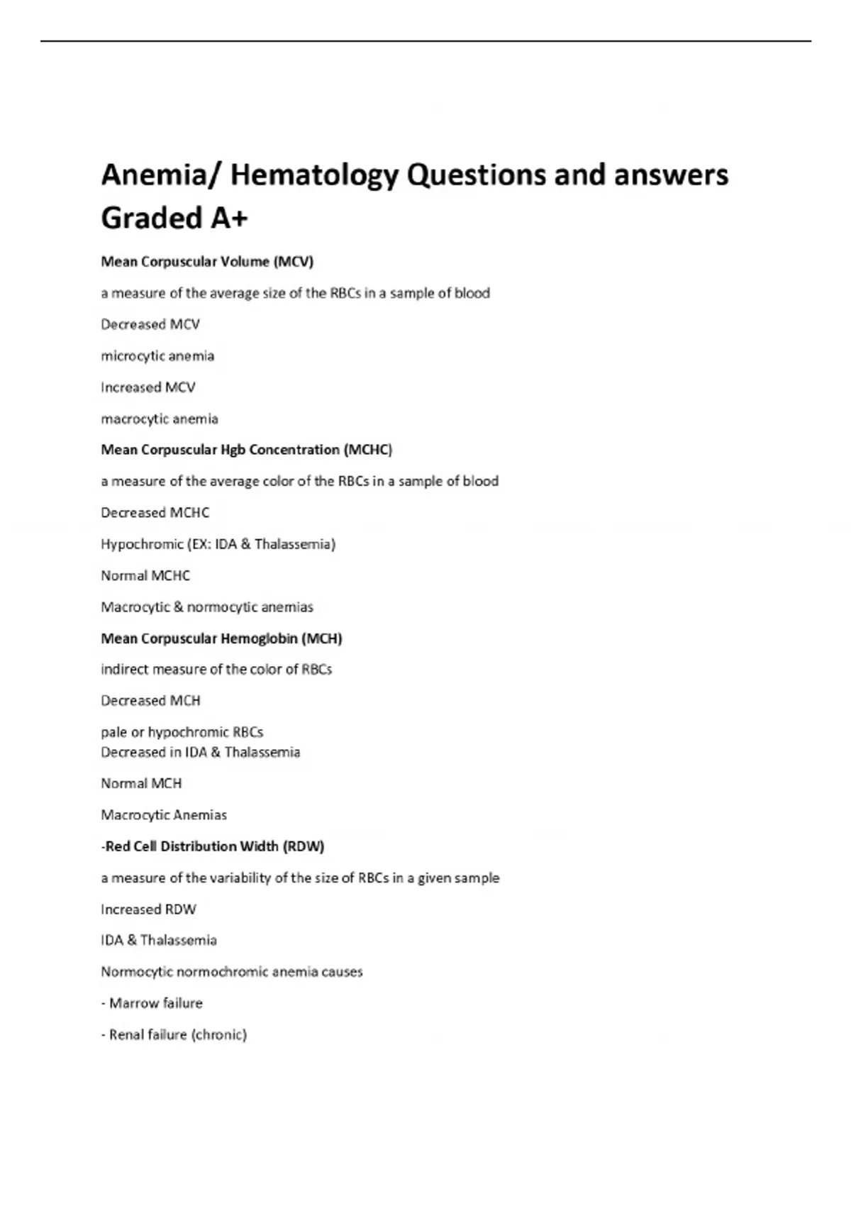 Anemia/ Hematology Questions and answers Graded A+ Mean Corpuscular ...