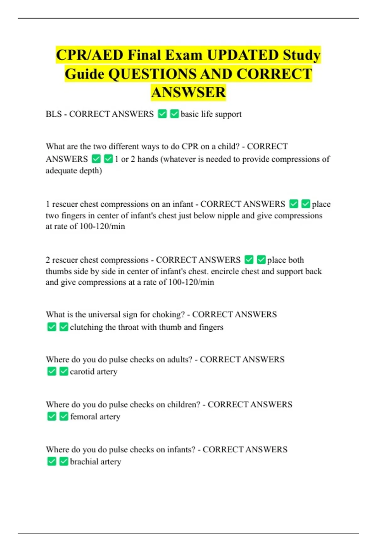 CPR/AED Final Exam UPDATED Study Guide QUESTIONS AND CORRECT ANSWSER ...
