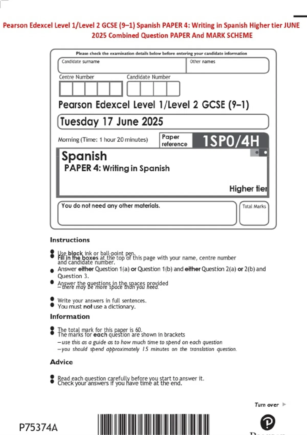 Pearson Edexcel Level 1/Level 2 GCSE (9–1) Spanish PAPER 4: Writing in ...