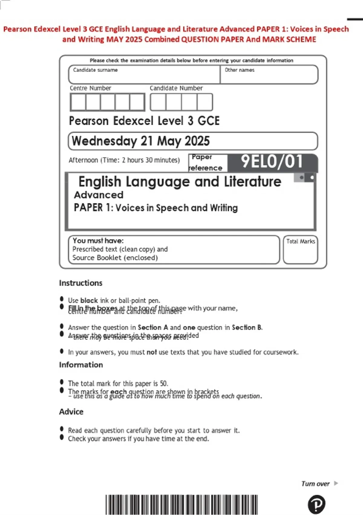 Pearson Edexcel Level 3 GCE English Language and Literature Advanced ...
