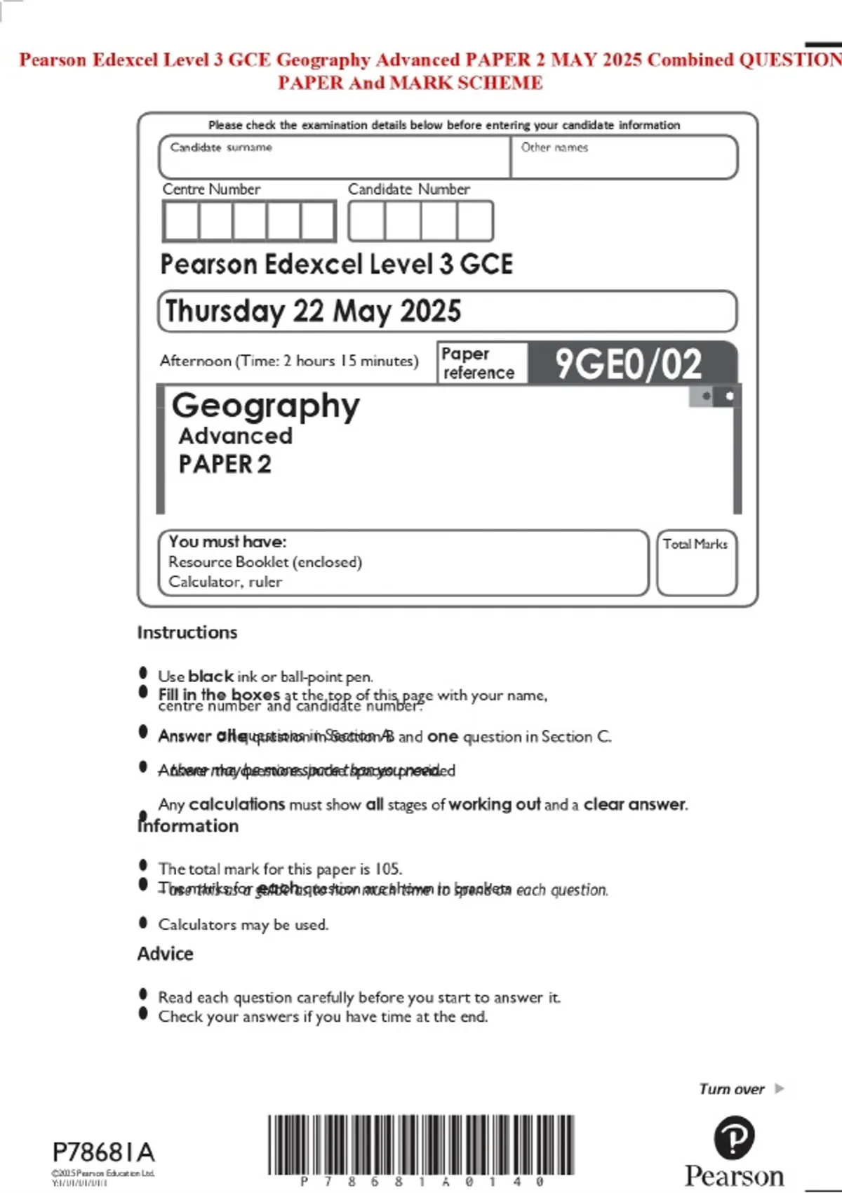 Pearson Edexcel Level 3 GCE Geography Advanced PAPER 2 MAY 2025 ...