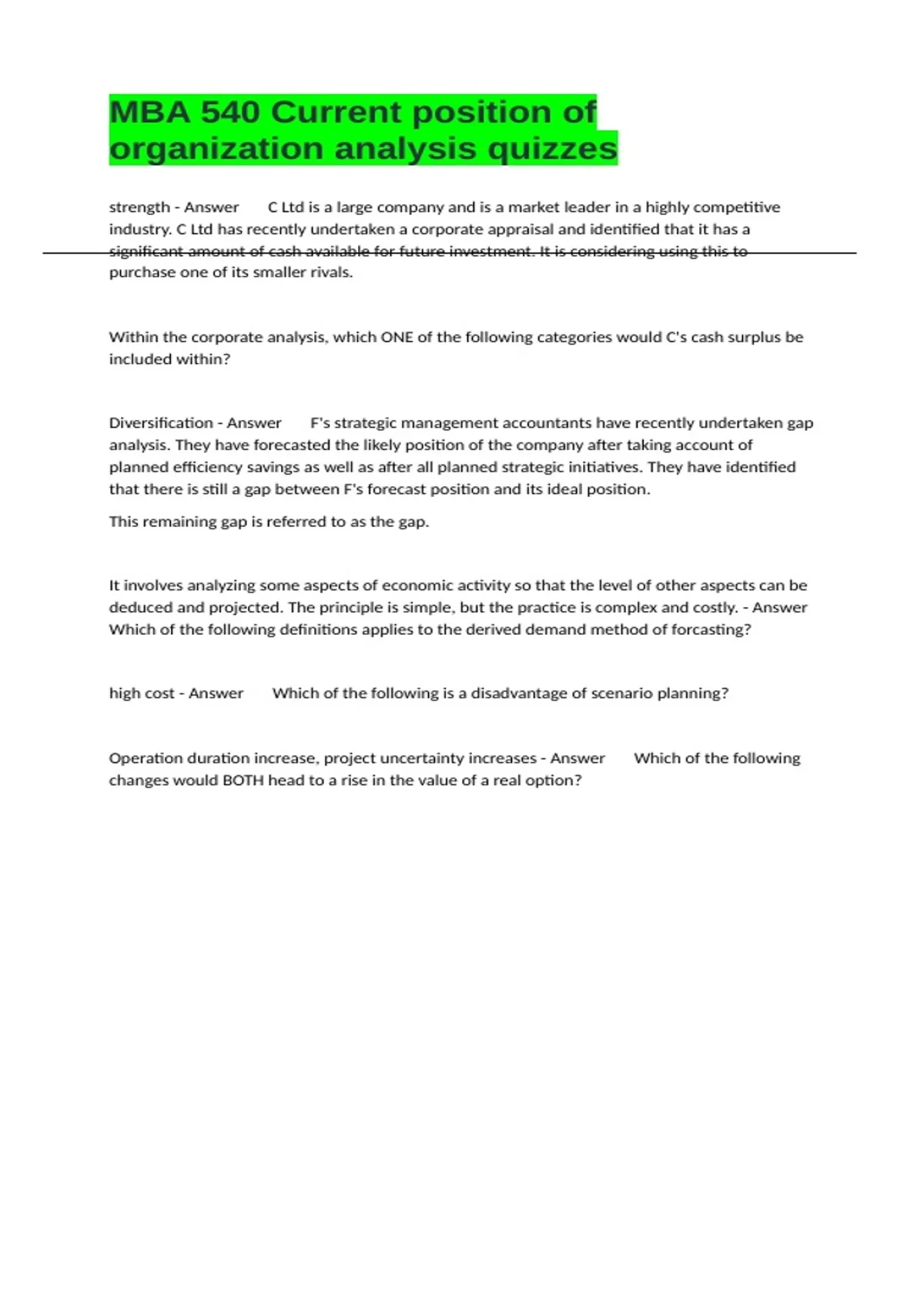 MBA 540 Current position of organization analysis quizzes - MBA 540 ...