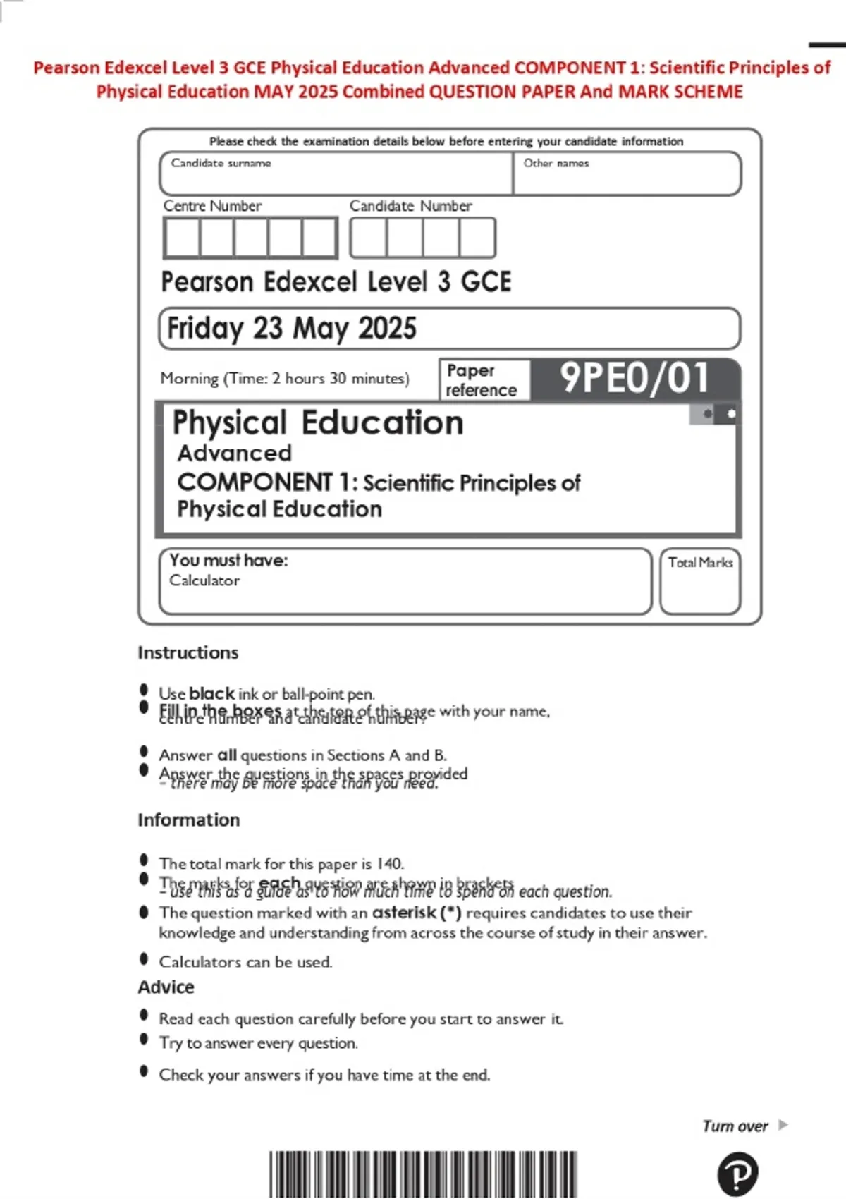 Pearson Edexcel Level 3 GCE Physical Education Advanced COMPONENT 1 ...